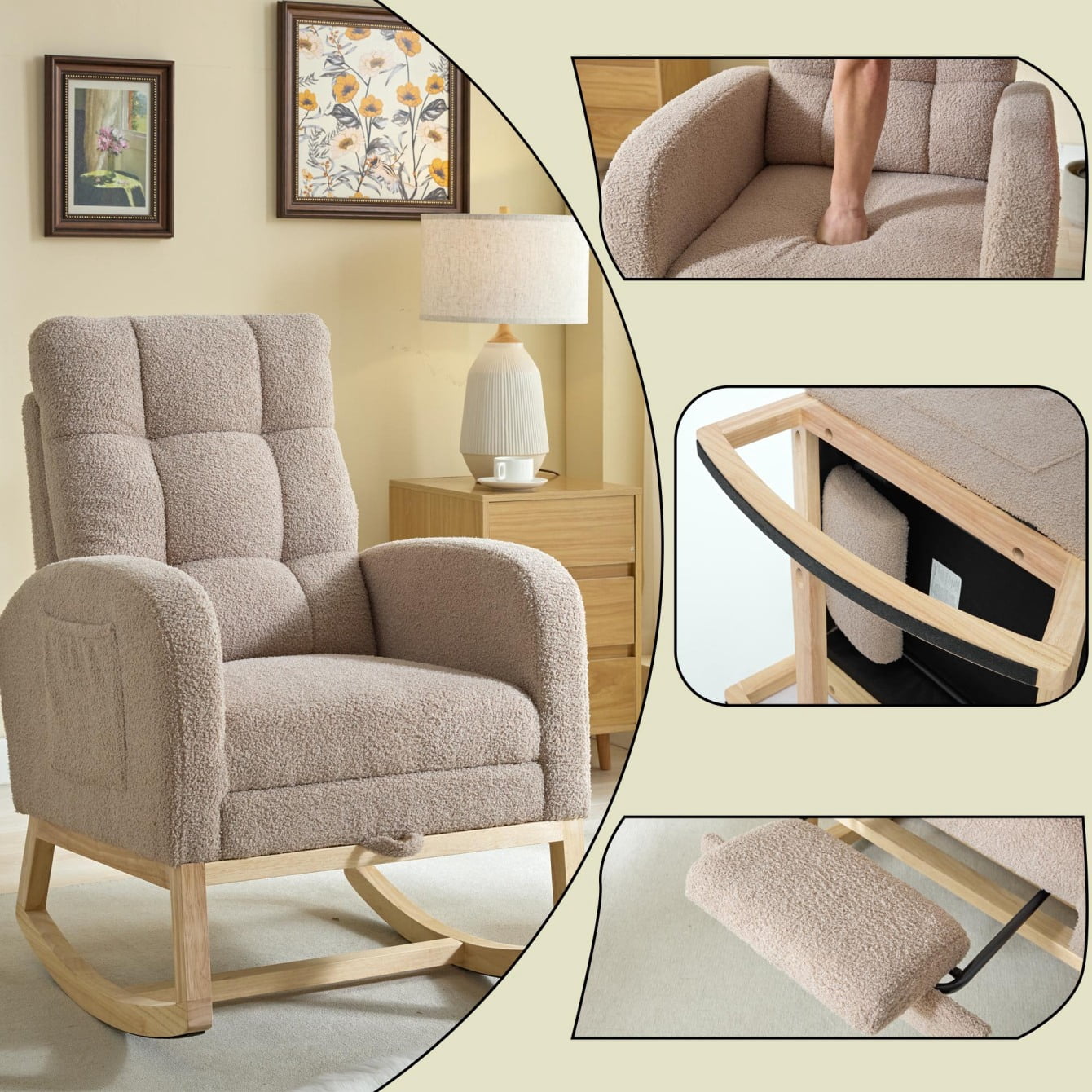 Modern Rocking Chair with Solid Wood Legs, Adjustable Footrest & Side ...