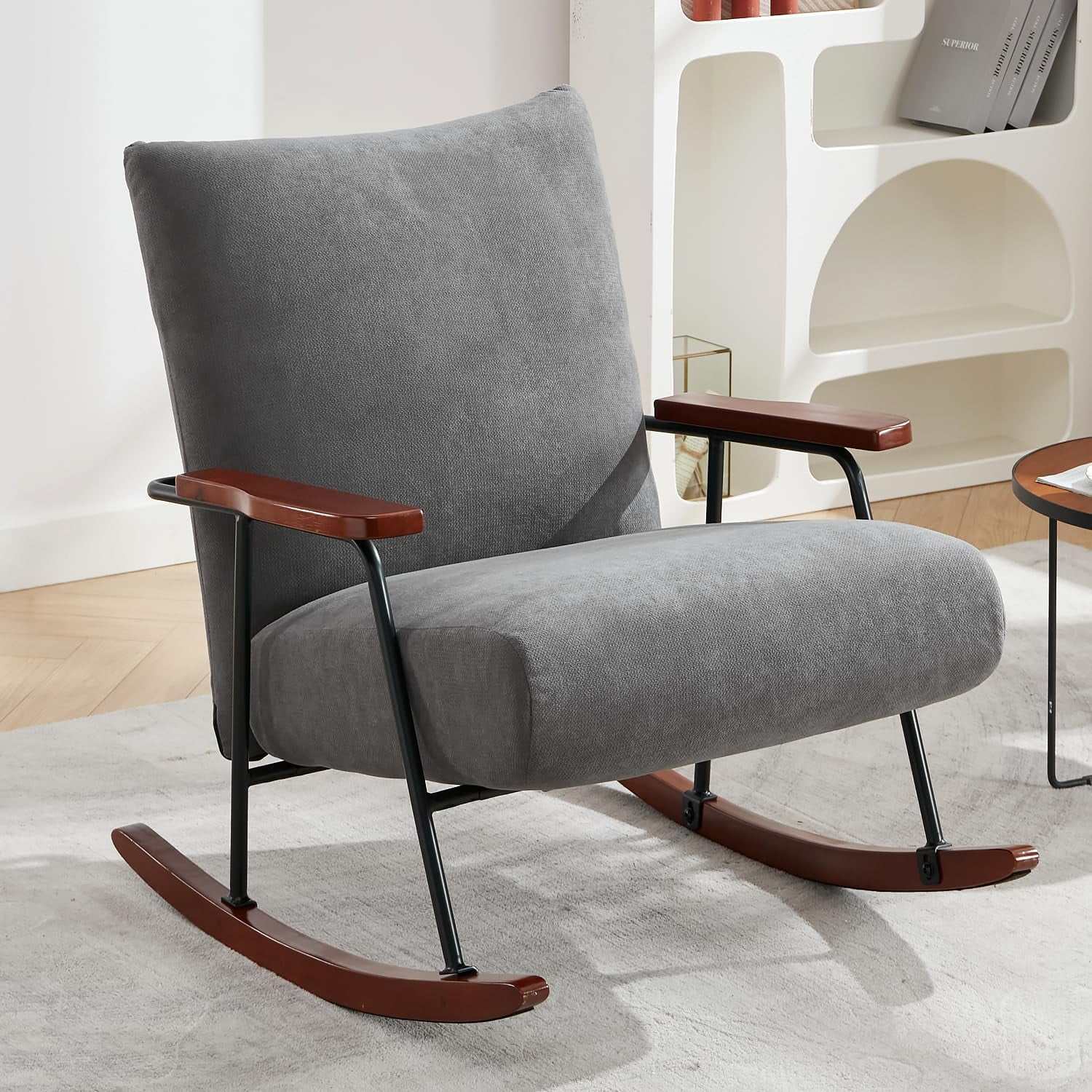 Modern Rocking Chair, Upholstered Armchair with Solid Wood Armrests and ...
