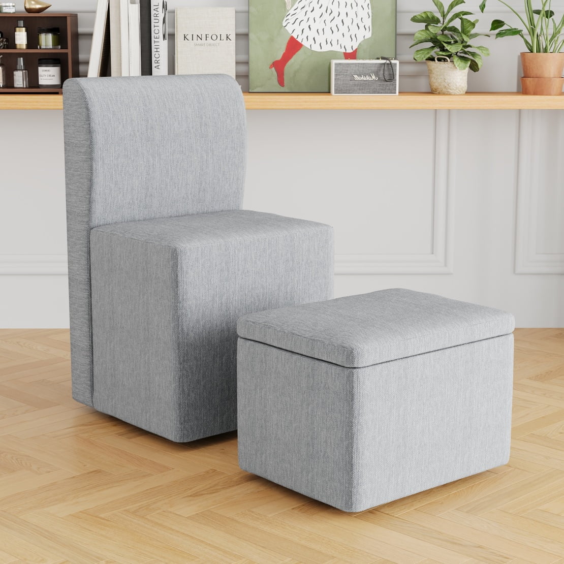 Modern Rolling Dining Chair with Footstool on Wheels, Gray Linen Fabric ...