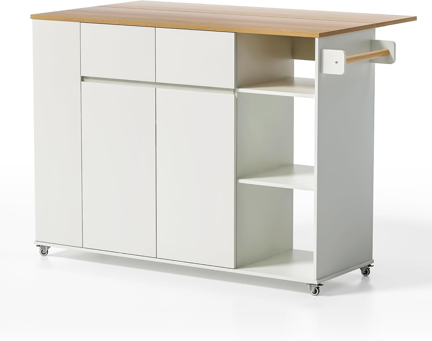 Modern Rolling Kitchen Island with Storage, Drop Leaf Countertop, White ...