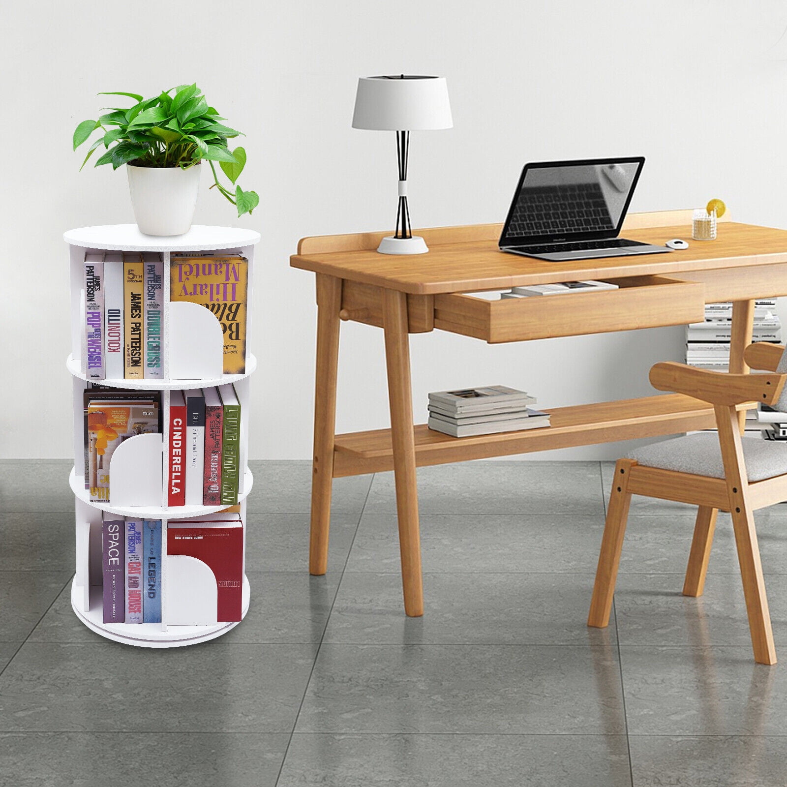 Modern Rotating Bookshelf 3 Tiers Bookcase 360° Rotating Stackable