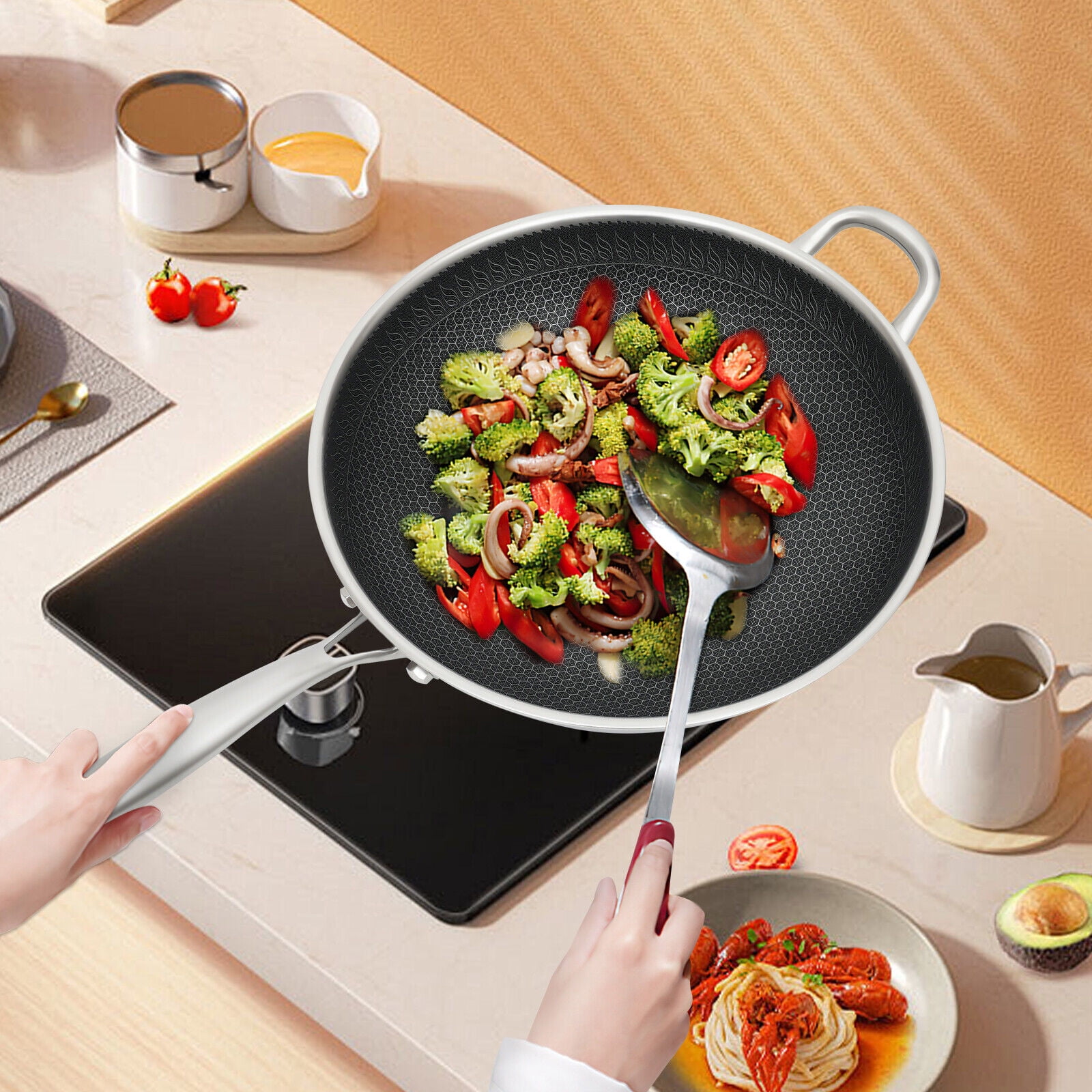 Modern Round 316 Stainless Steel Stainless Steel Wok With Wok Cover for ...