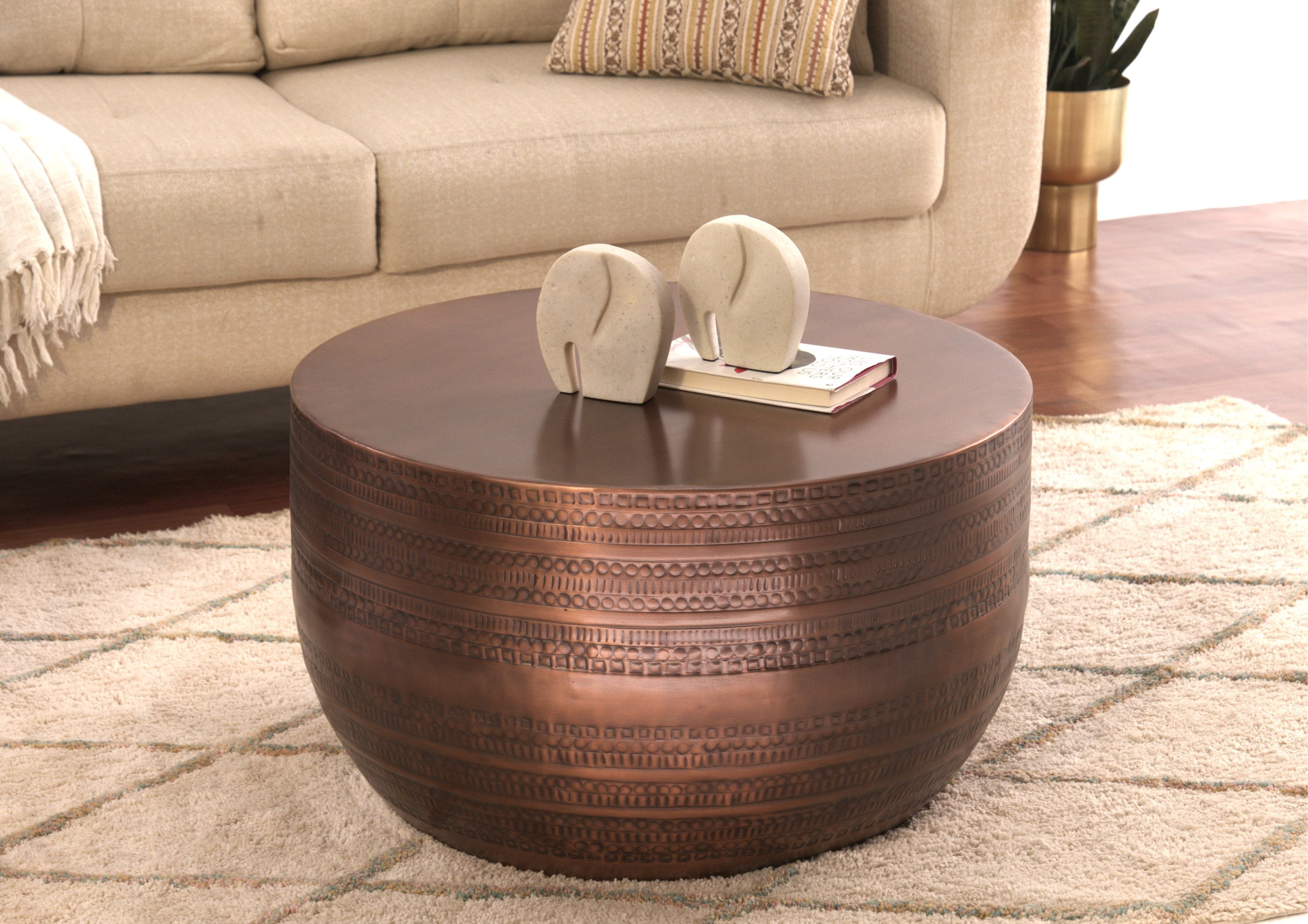 Modern Round Aluminum Hammered Embossed Texturing Metal Drum Coffee Table, Hand-Stamped Iron ...