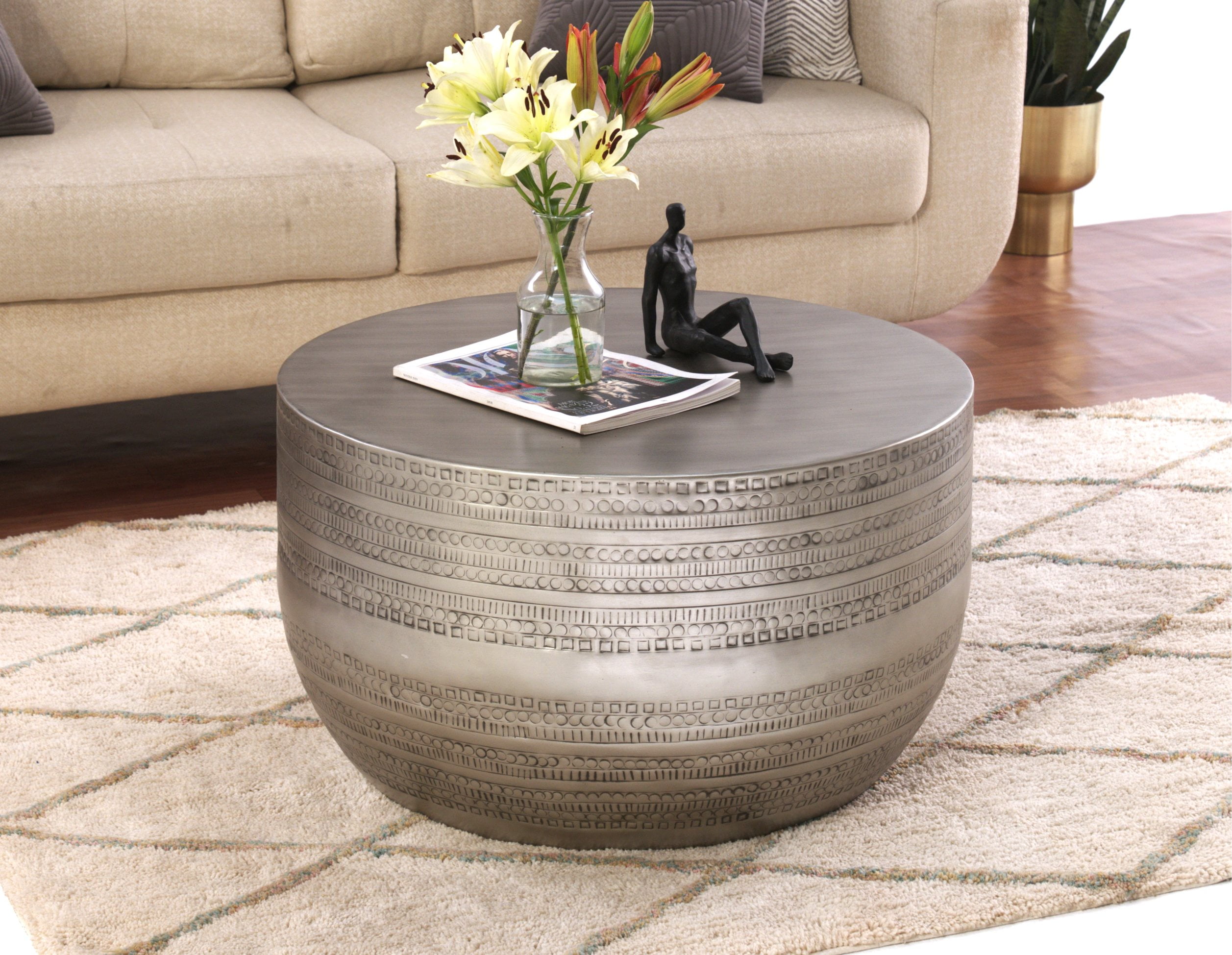 Modern Round Aluminum Hammered Embossed Texturing Metal Drum Coffee Table, Hand-Stamped Iron ...