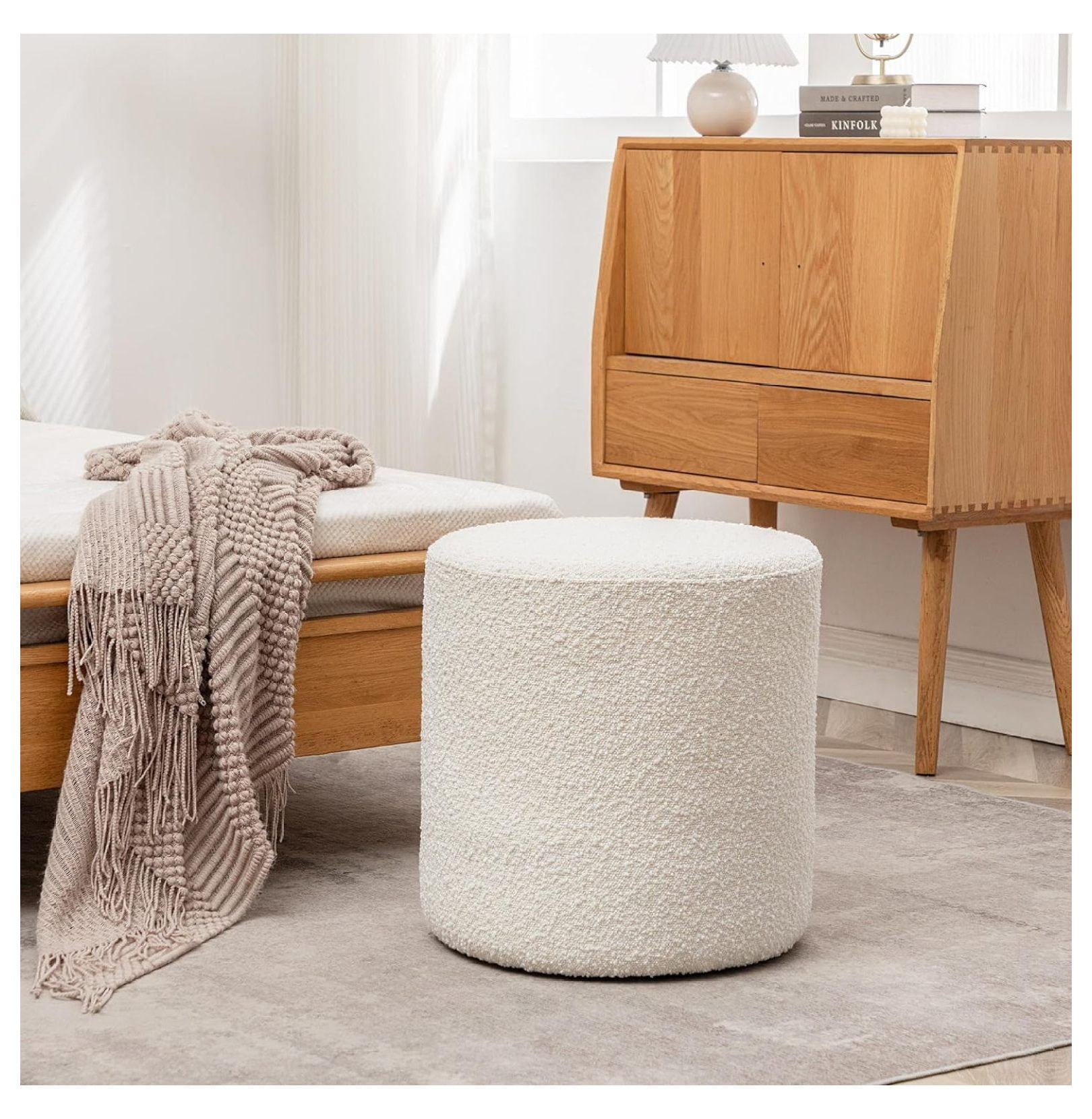 Modern Round Boucle Upholstered Ottoman with Soft Padded Seat, Multi ...
