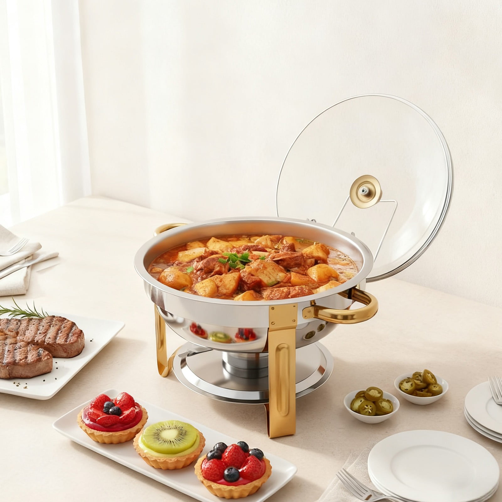 Modern Round Chafing Dish Buffet Set Food Tray Stainless Steel 5.28QT ...