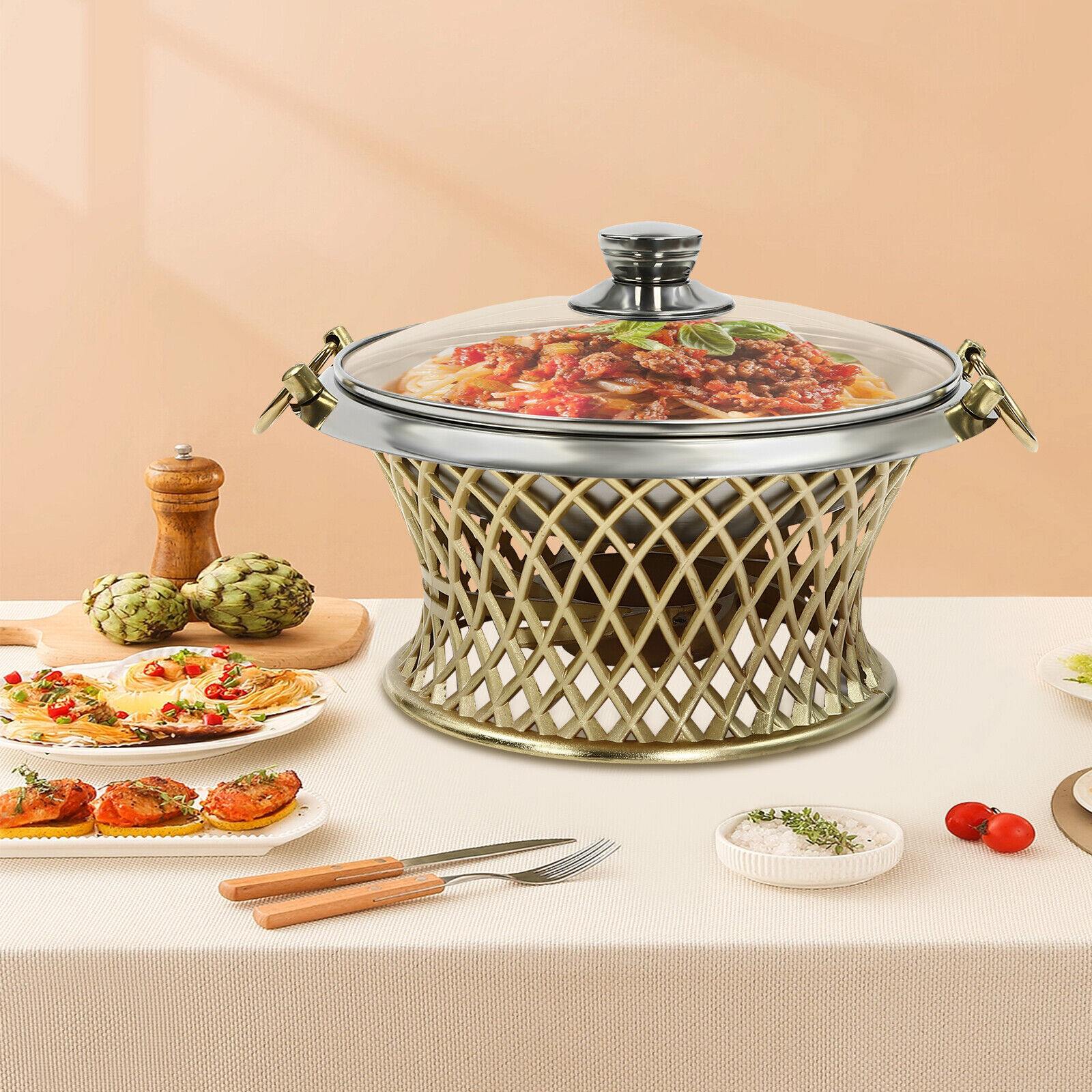 Modern Round Chafing Dish Chafing Dish Buffet Set Free Standing For 3-4 ...