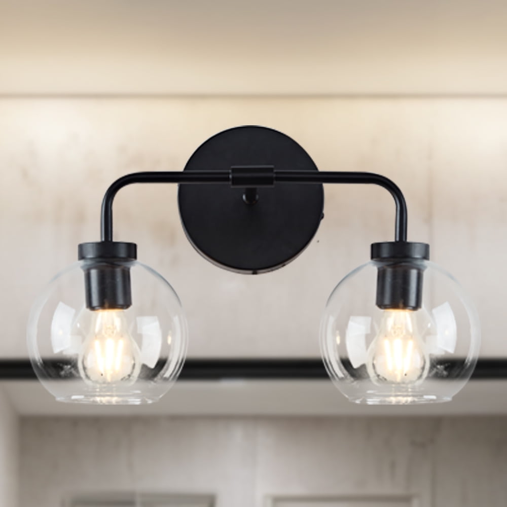 Modern Round Clear Glass Globe Black Double Metal Vanity Light, Hand ...