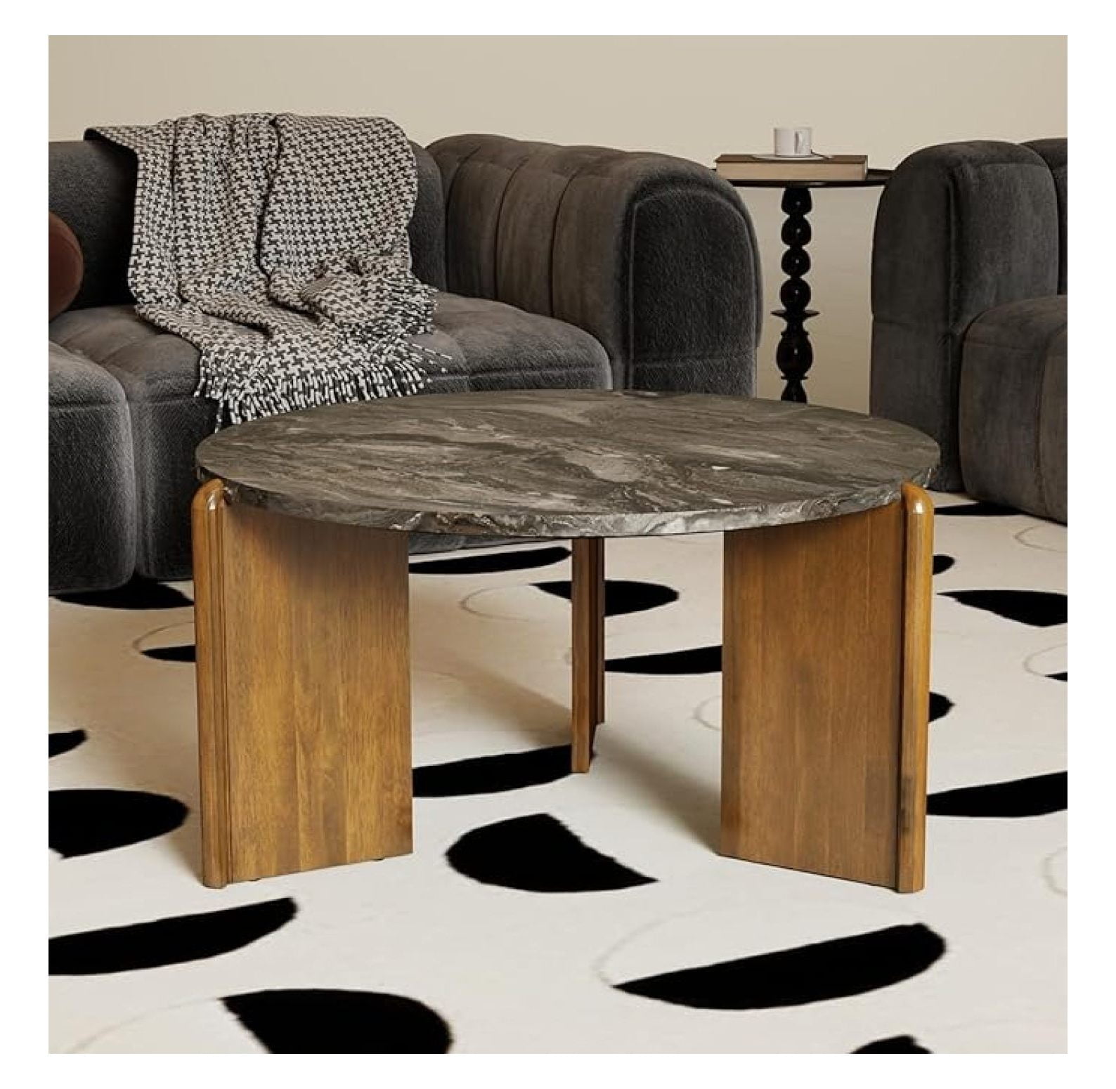 Modern Round Coffee Table, 32'' Grey Marble Top, 3-Legged Center ...