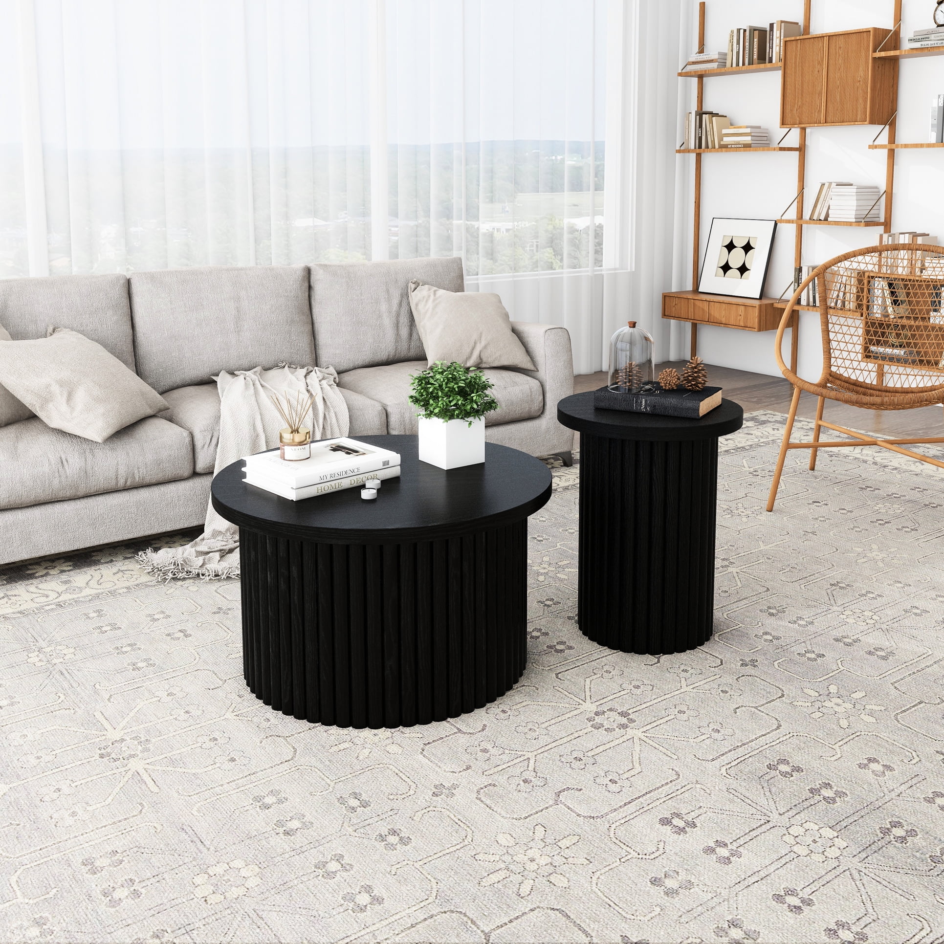 Modern Round Coffee Table Of 2 For Living Room - Black &iron Accent End ...