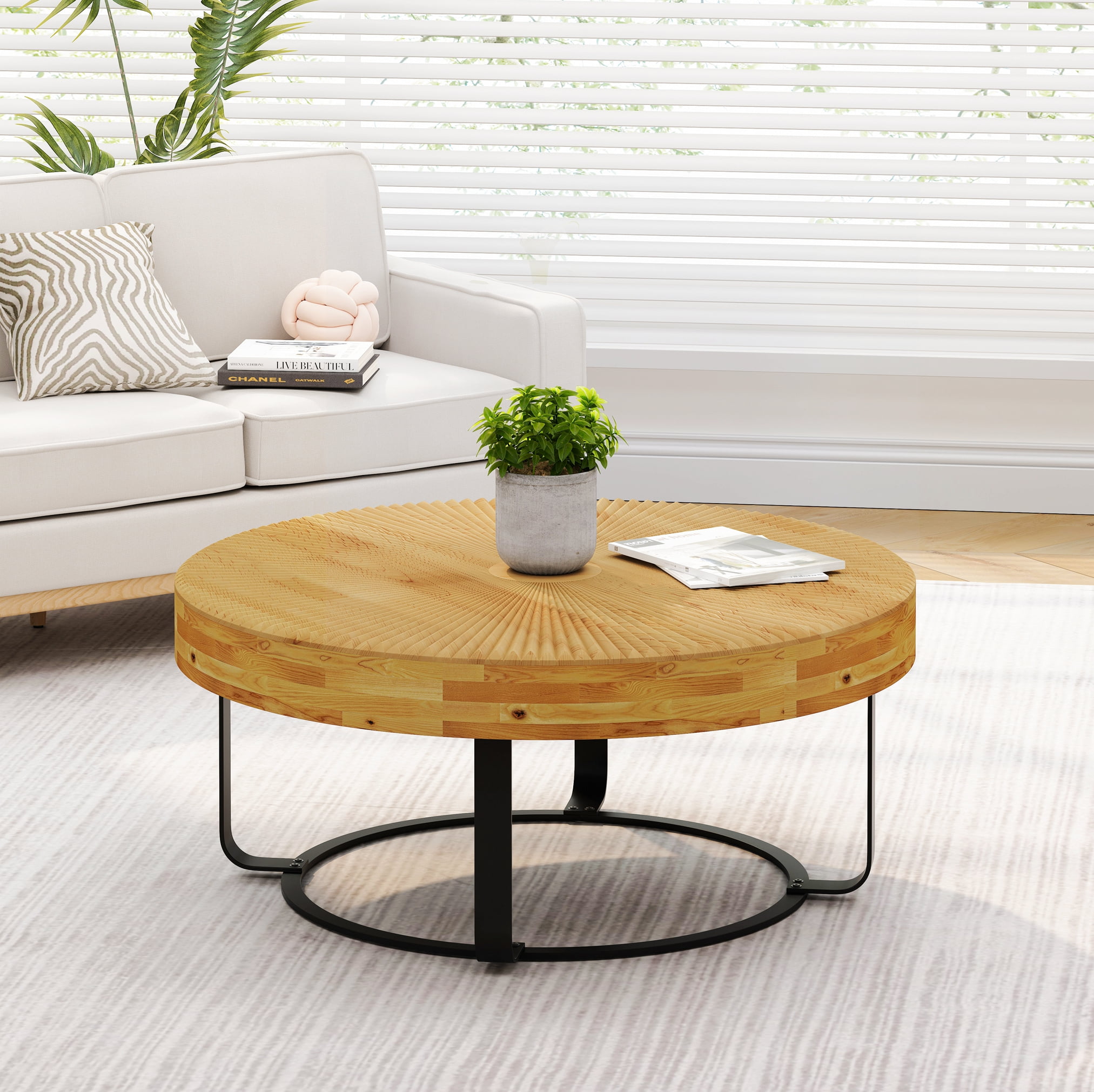 Modern Round Coffee Table Wooden Carving Pattern Coffee Table with ...
