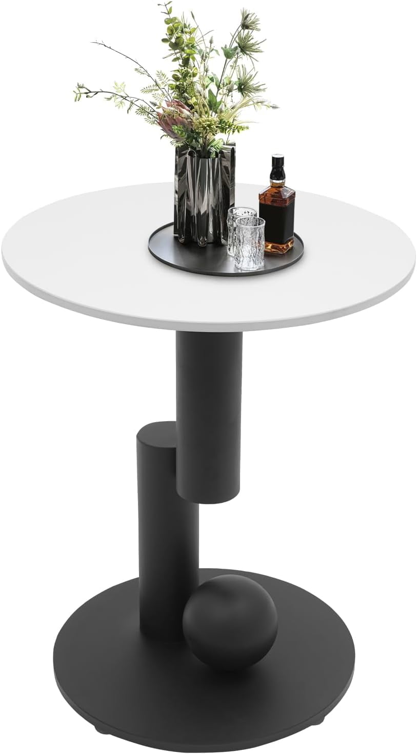 Modern Round Coffee Table with Stone Top & Abstract Metal Base, Black ...