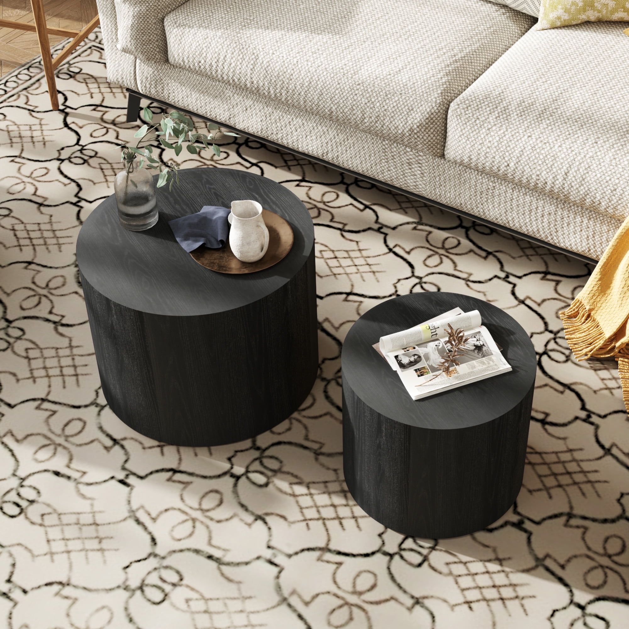 Modern Round Coffee Tables Set of 2，Nesting Tables with Wood Grain ...