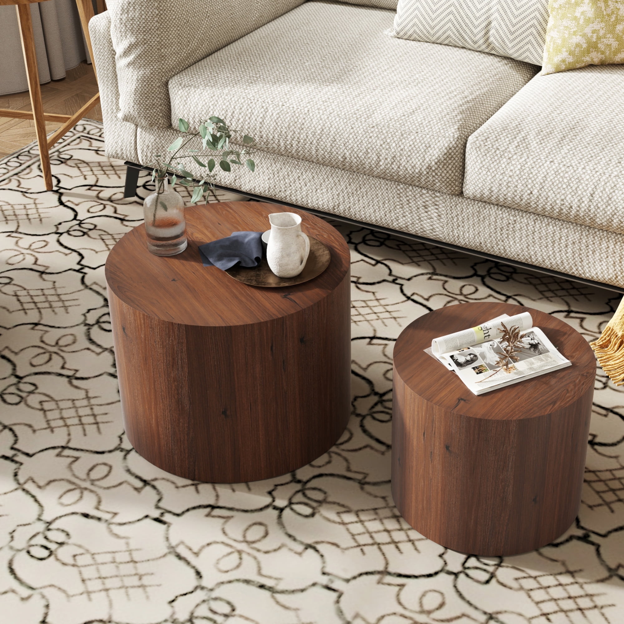 Modern Round Coffee Tables Set of 2，Nesting Tables with Wood Grain ...