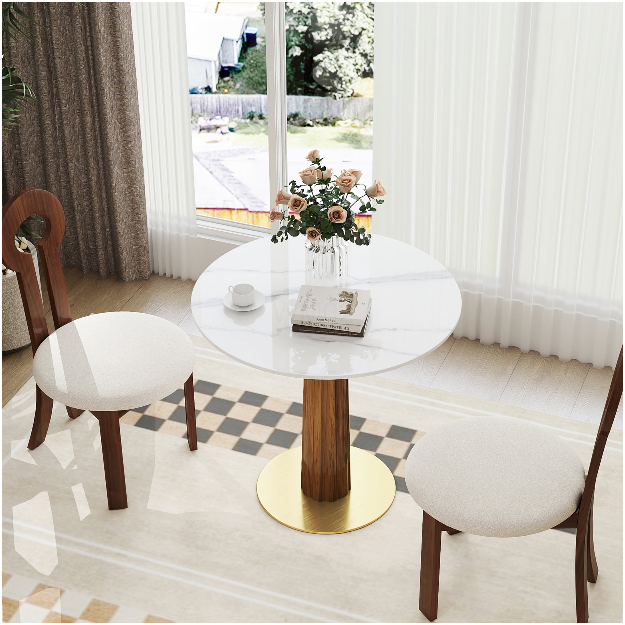 Modern Round Dining Table for 2 Person with Gold Base, Sintered Stone ...