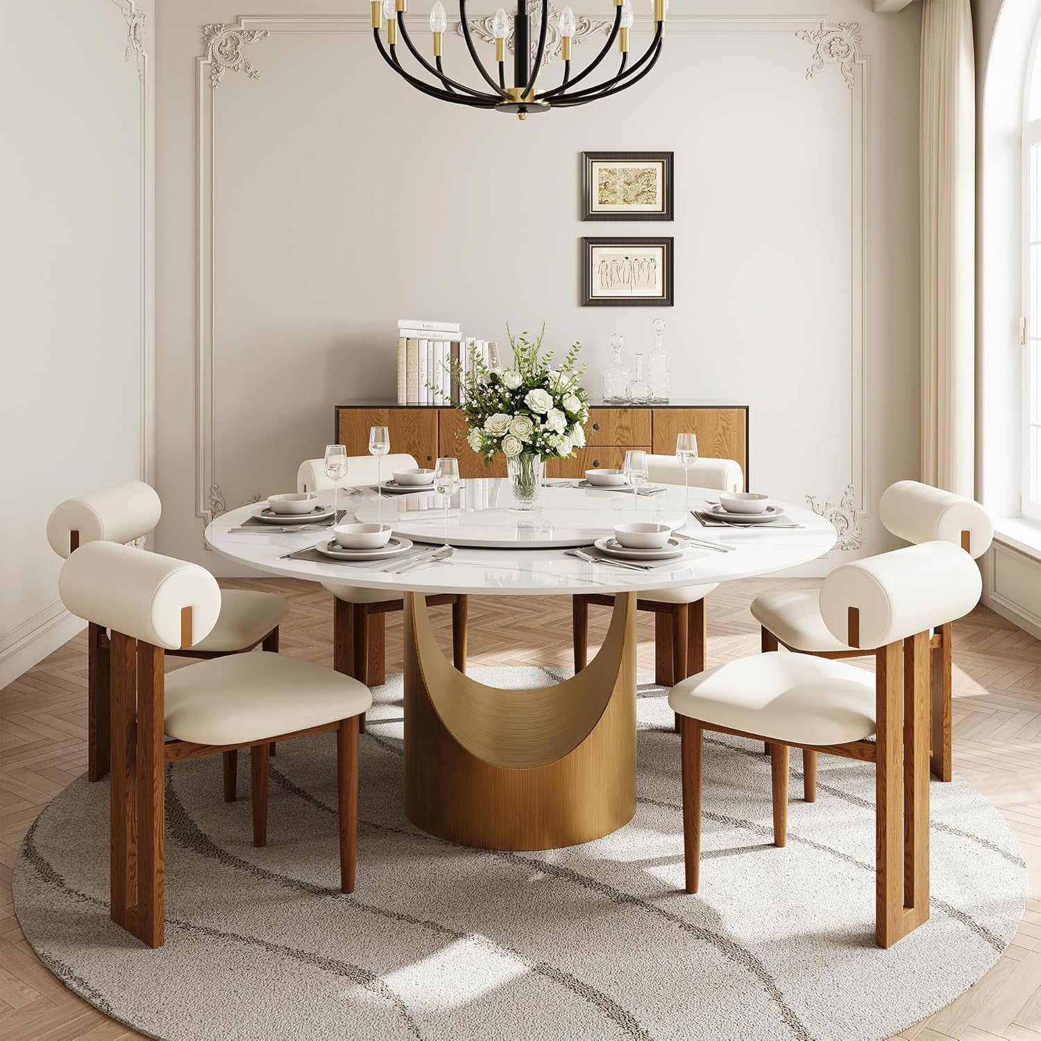 Modern Round Dining Table for 4-6, Circle Dining Room Table Built in ...