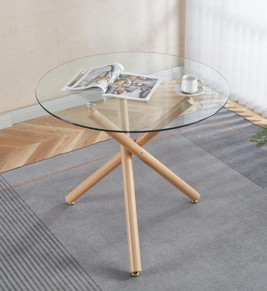 Modern Round Dining Table with Oak-Colored Metal Legs and Tempered ...
