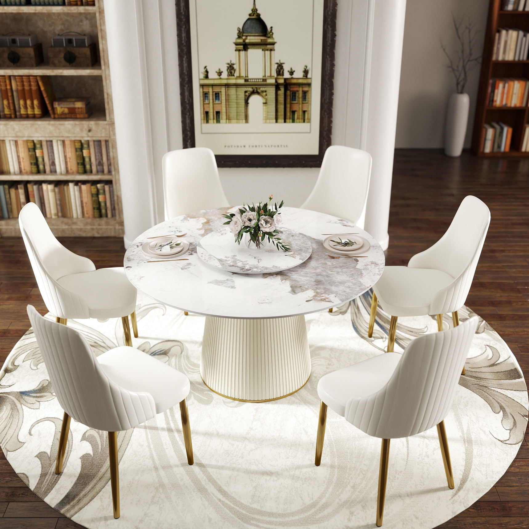 Modern Round Dining Table with Sintered Stone Turntable - Anti ...
