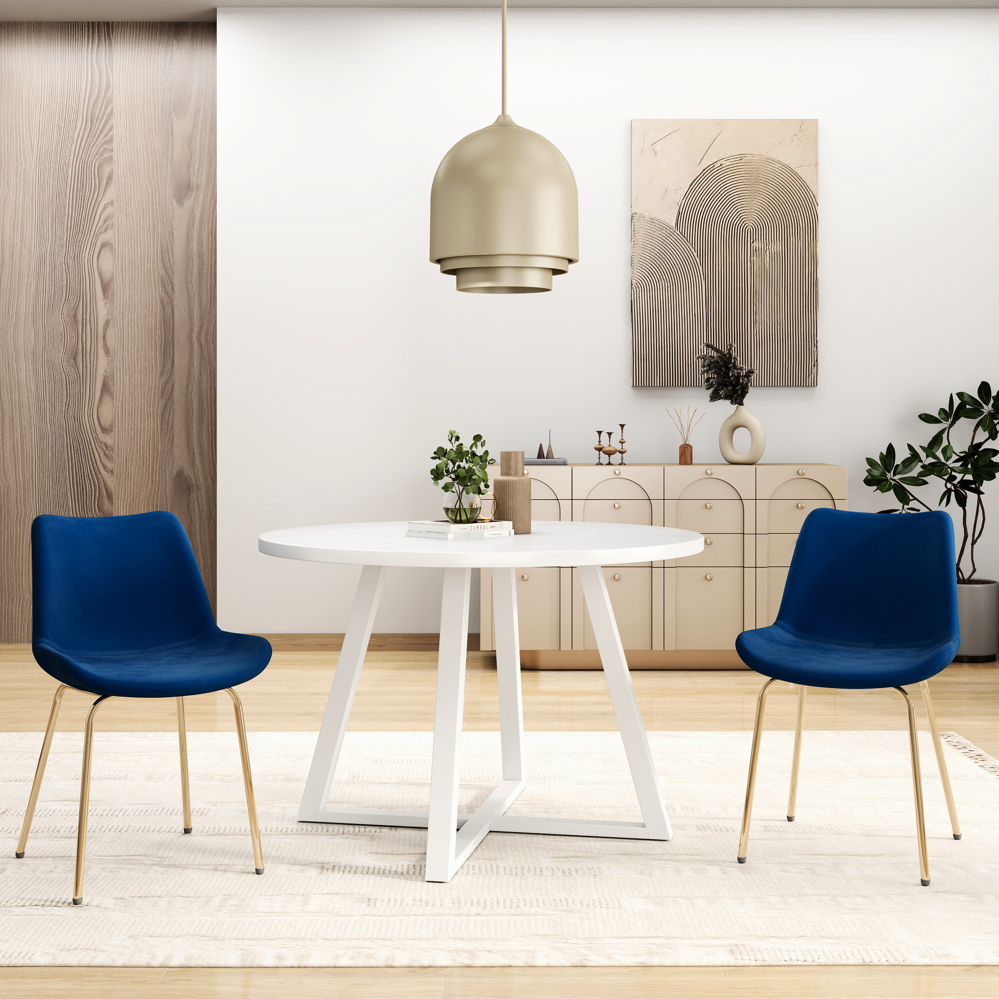 Modern Round Dining With 2 Chairs - Trestle Table In White And Blue ...