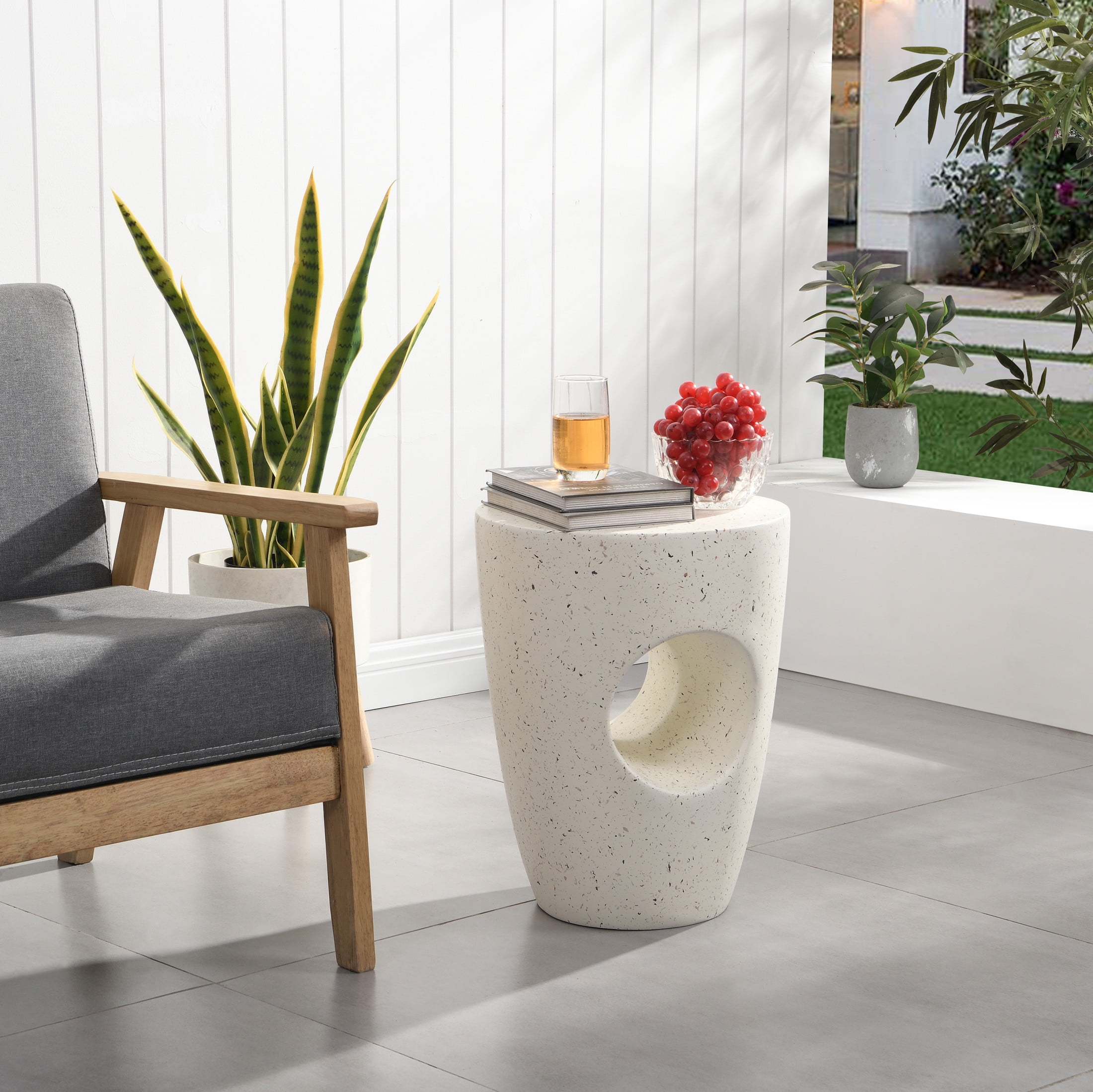 Modern Round Drum Outdoor Concrete Side Table, Beige - Walmart.com