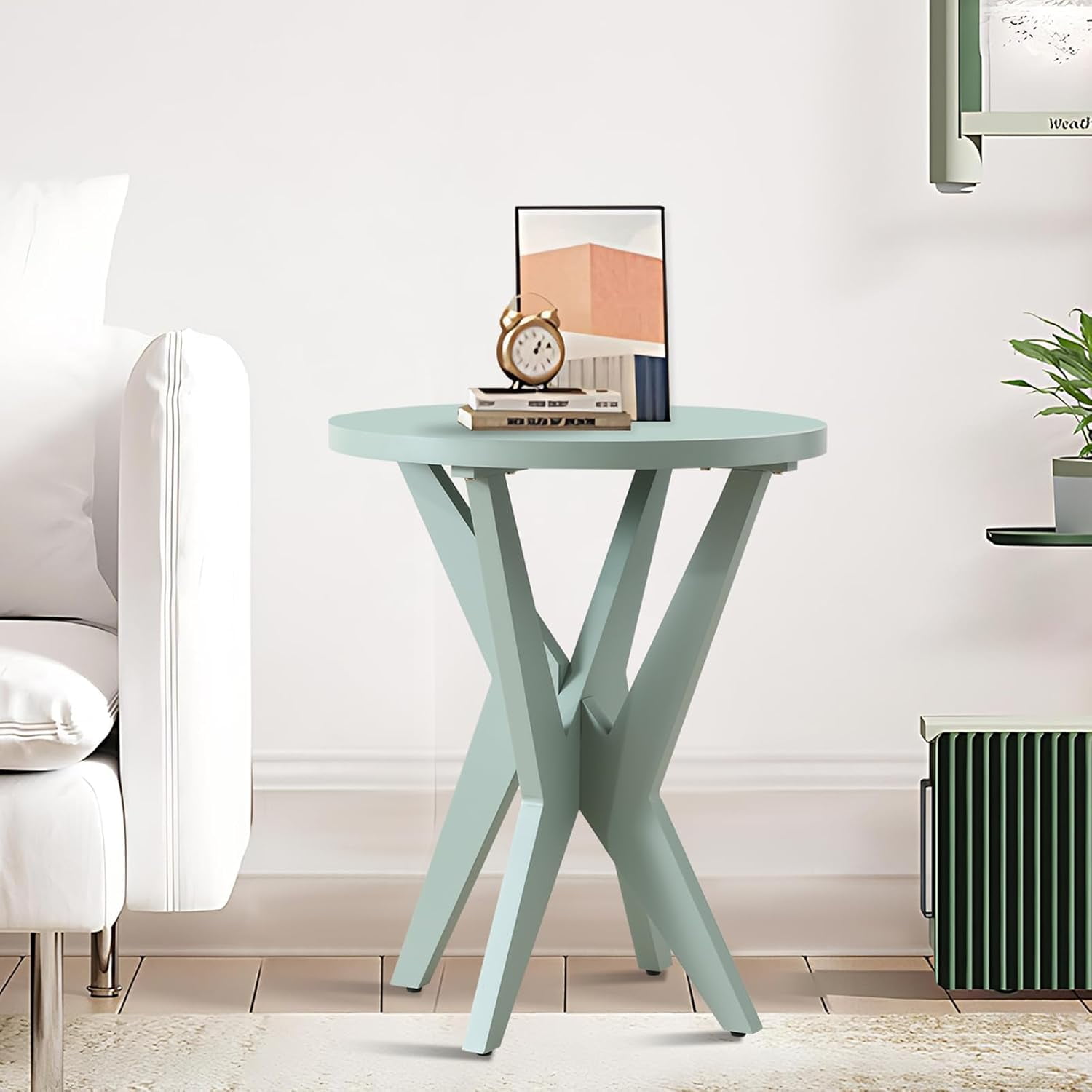 Modern Round End Table with Crossed Legs, Unique Small Green Side Table ...