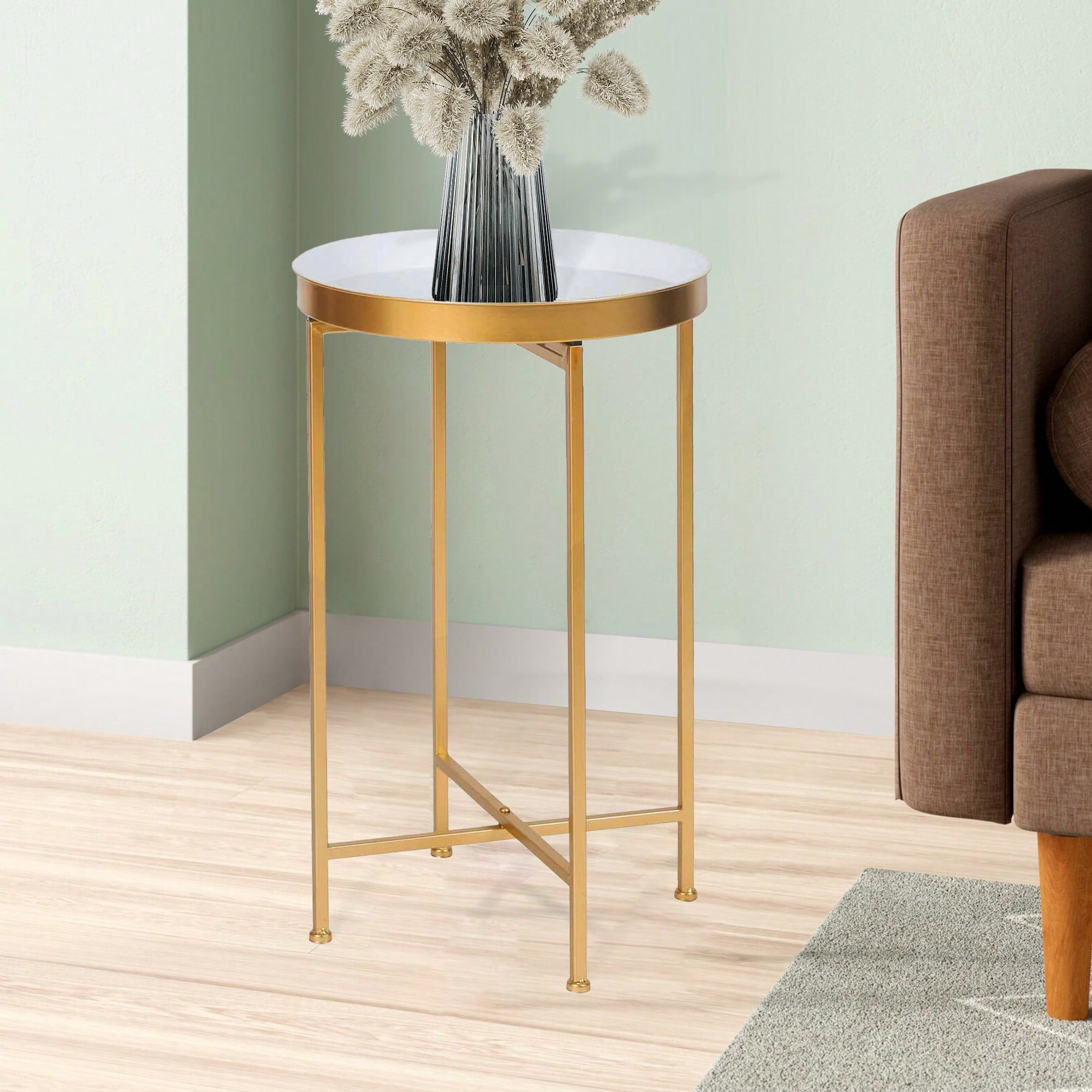 Modern Round End Table, Folding Gold Metal Side Tables Small Nightstand ...
