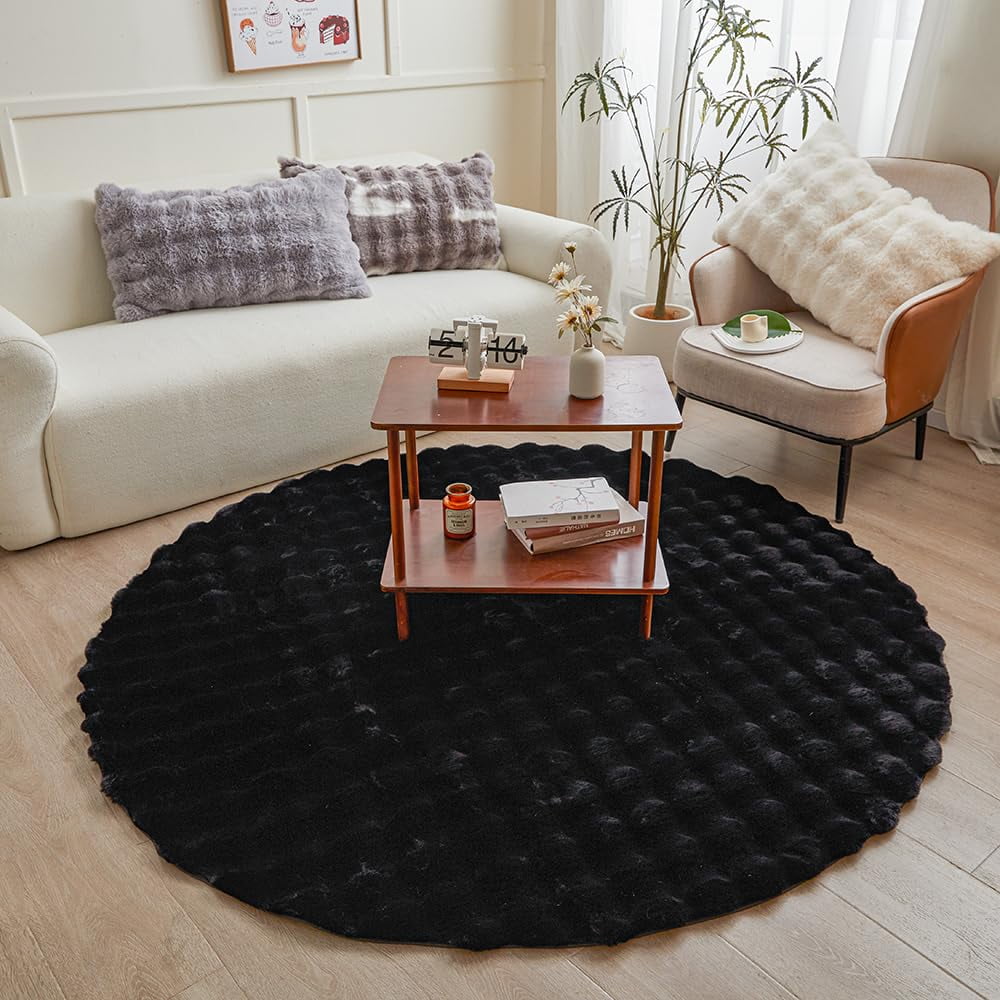 Modern Round Faux Fur Rug 5 by 5 Feet, Soft Rabbit Plush Grid Design ...
