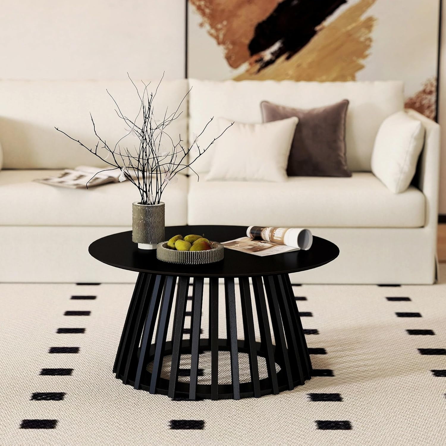Modern Round Fluted End Table, Wood Pedestal Side Table, Drum Accent ...