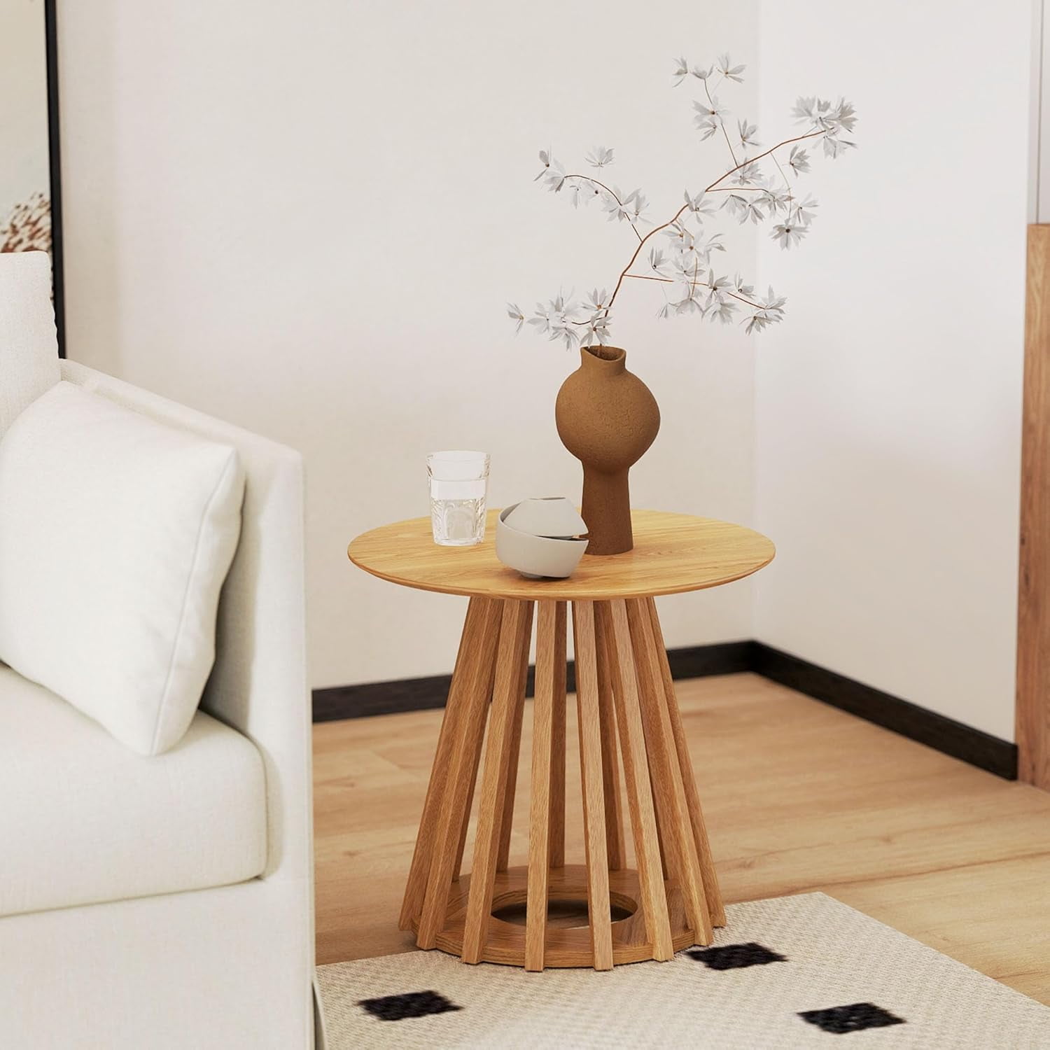 Modern Round Fluted End Table, Wood Pedestal Side Table, Drum Accent ...