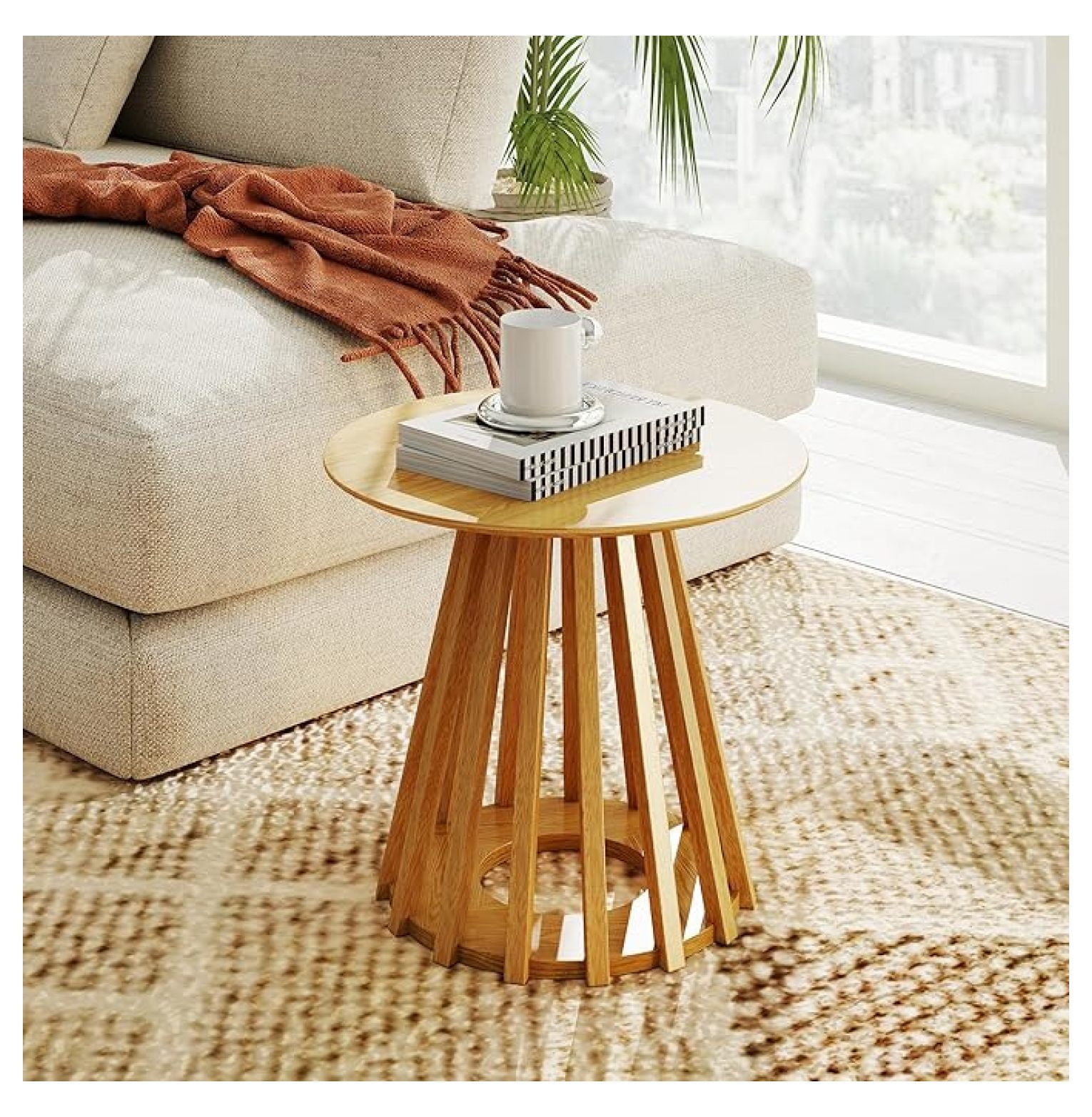 Modern Round Fluted End Table, Wood Pedestal Side Table, Drum Accent ...