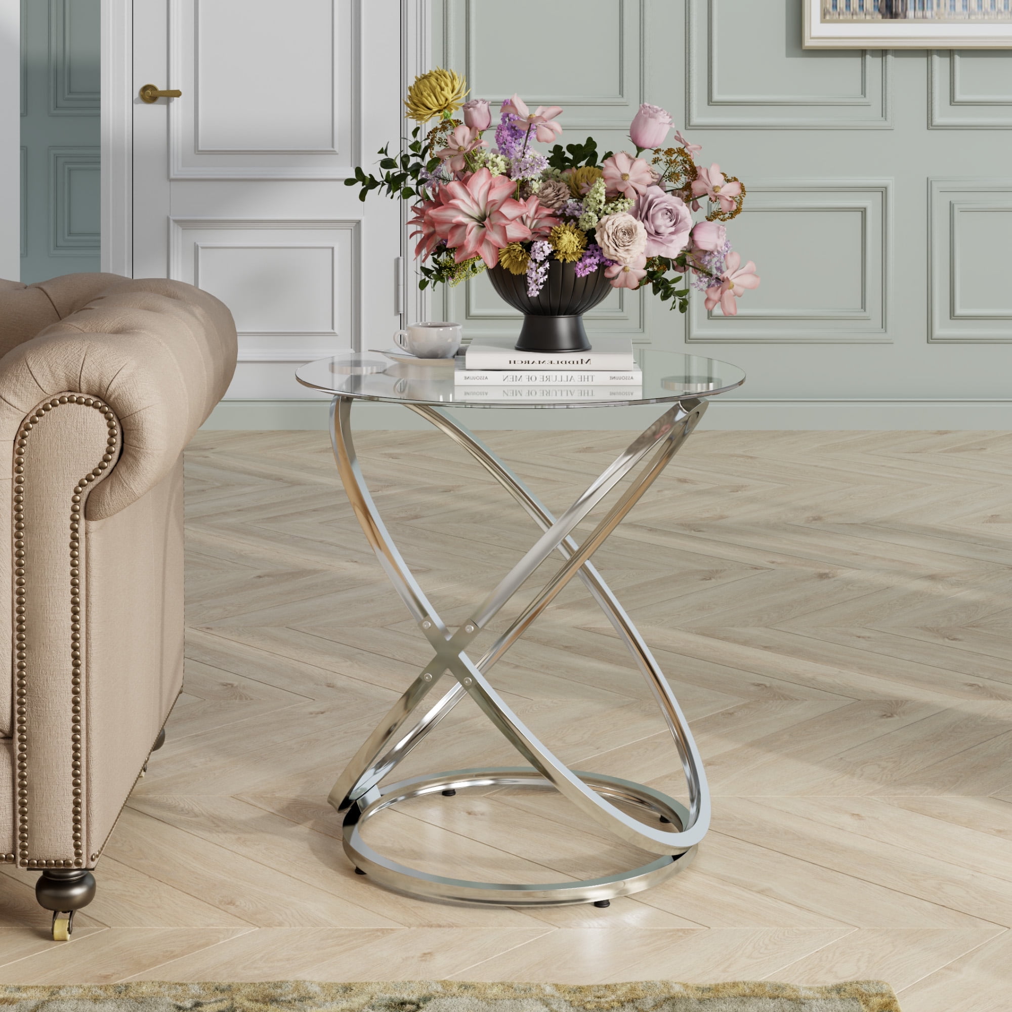 Modern Round Glass Coffee Table –Side Table with Elegant Silver Metal ...