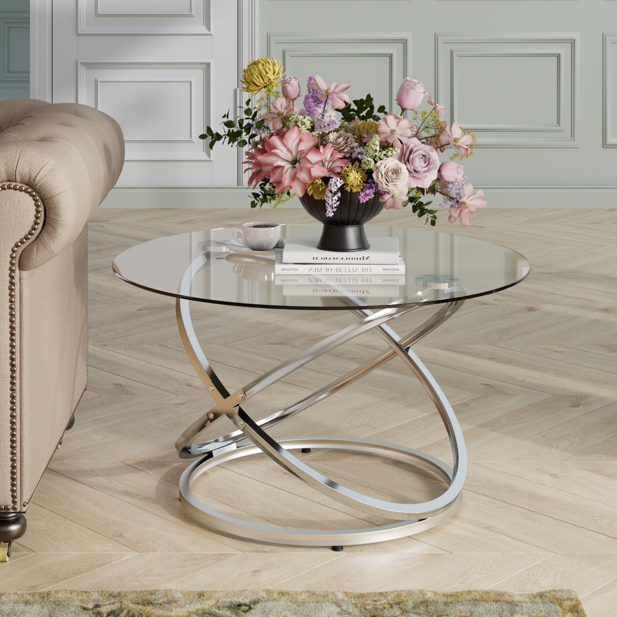 Modern Round Glass Coffee Table –Side Table with Elegant Silver Metal ...
