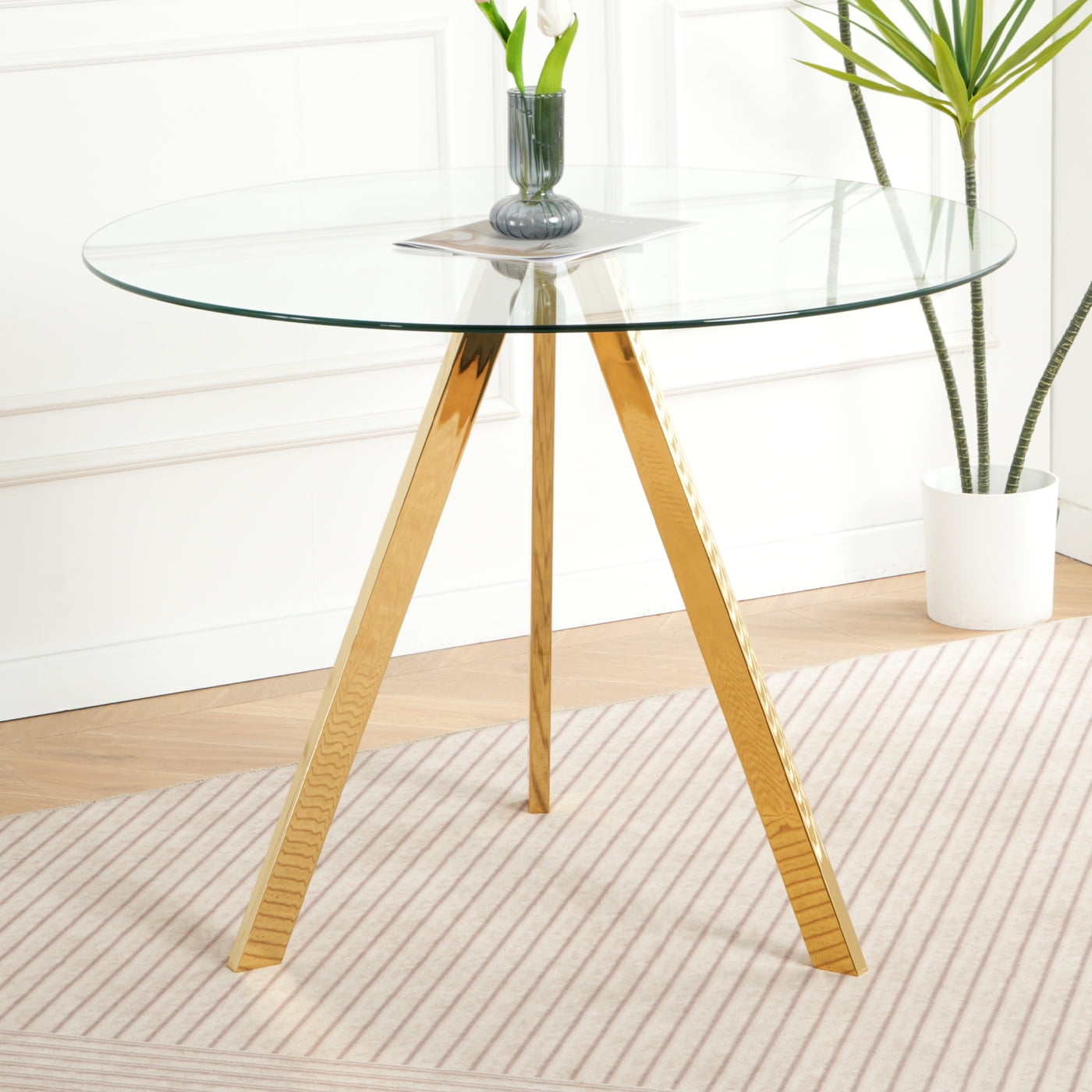 Modern Round Glass Dining Table 39.4" Tempered Glass Top with Gold ...