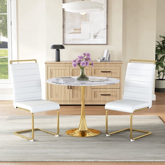 Modern Round Glass Dining Table Set, Round Faux Marble Glass Top Table ...