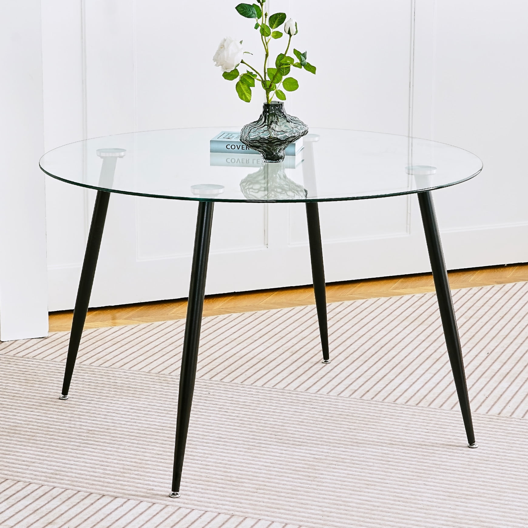 Modern Round Glass Dining Table with Tempered Glass Top and Black ...