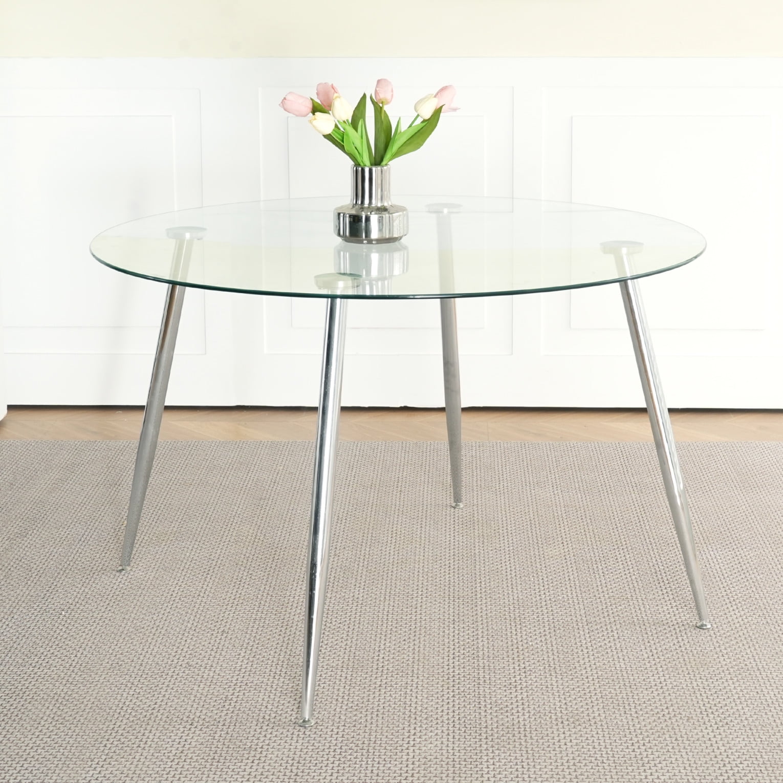 Modern Round Glass Dining Table with Tempered Glass Top & Electroplated ...