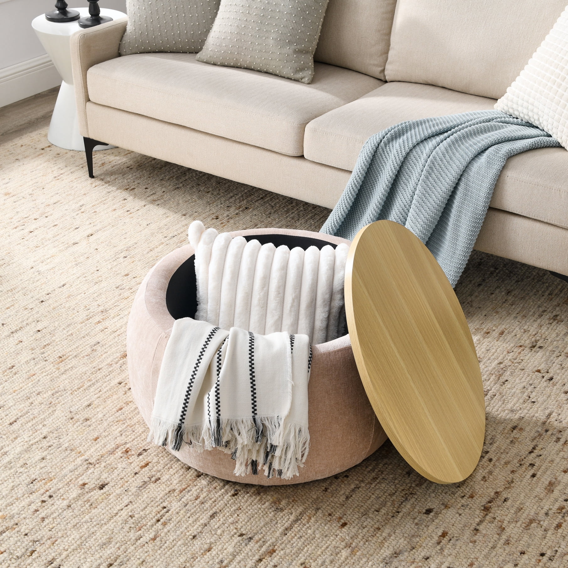 25.5" Round Storage Ottoman Storage Fabric, Round Pouf Ottoman Work as ...