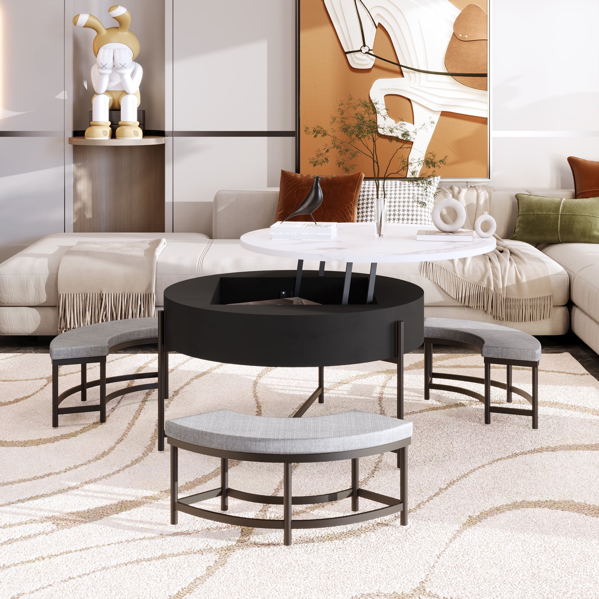 Modern Round Lift-Top Coffee Table With Storage & 3 Ottoman White ...