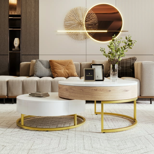 Modern Round Lift-Top Nesting Coffee Table Set, with 2 Hidden Storage ...