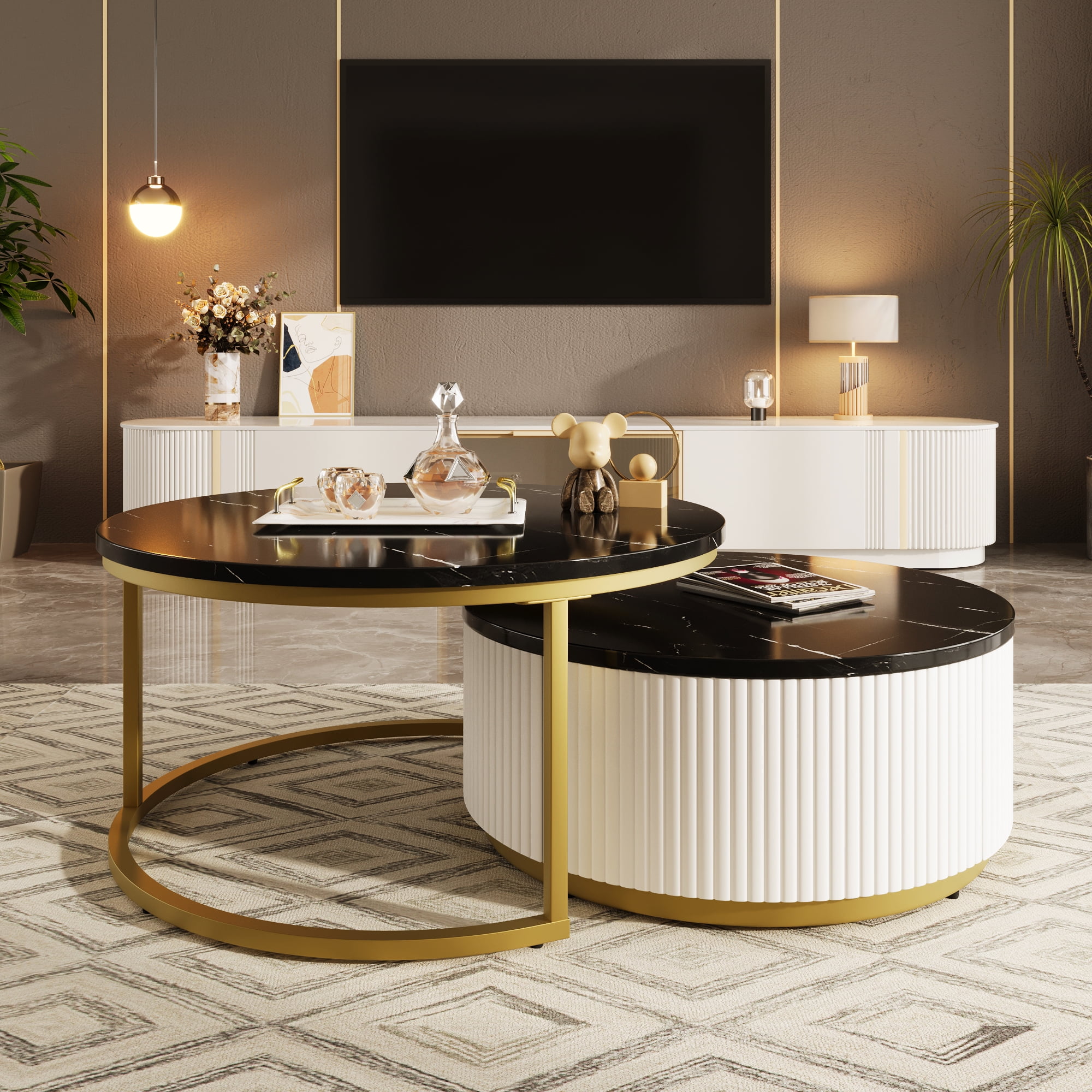 Modern Round Nesting Coffee Table Fluted with Drawer in Black & Gold in ...