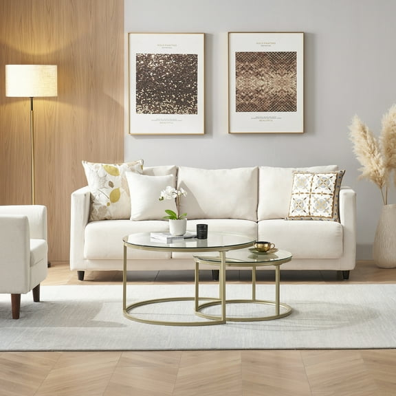 JERFIT 31.5 inch Round Coffee Table with Tempered Glass Top and Walnut ...