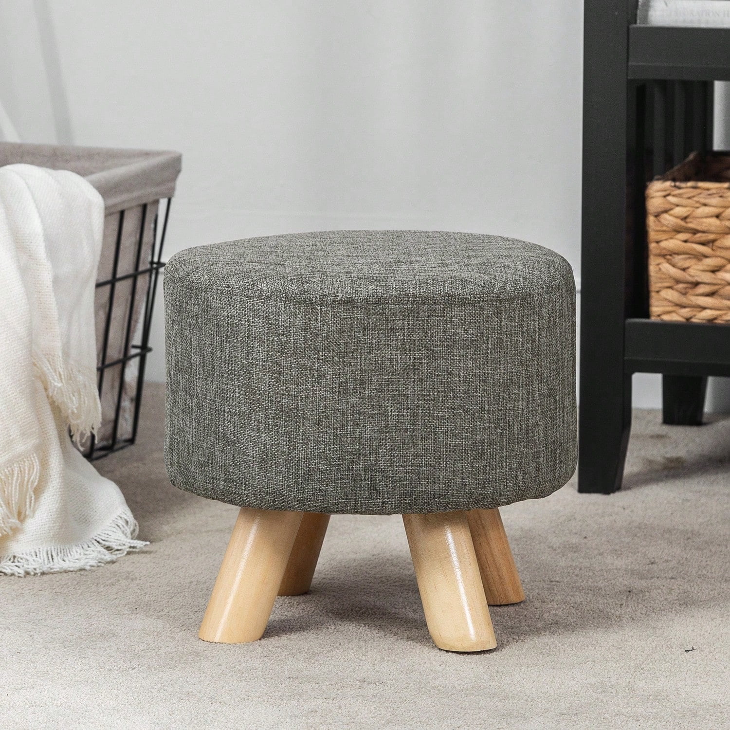 Modern Round Ottoman Foot Rest Stool/Seat With Linen Fabric And Non ...