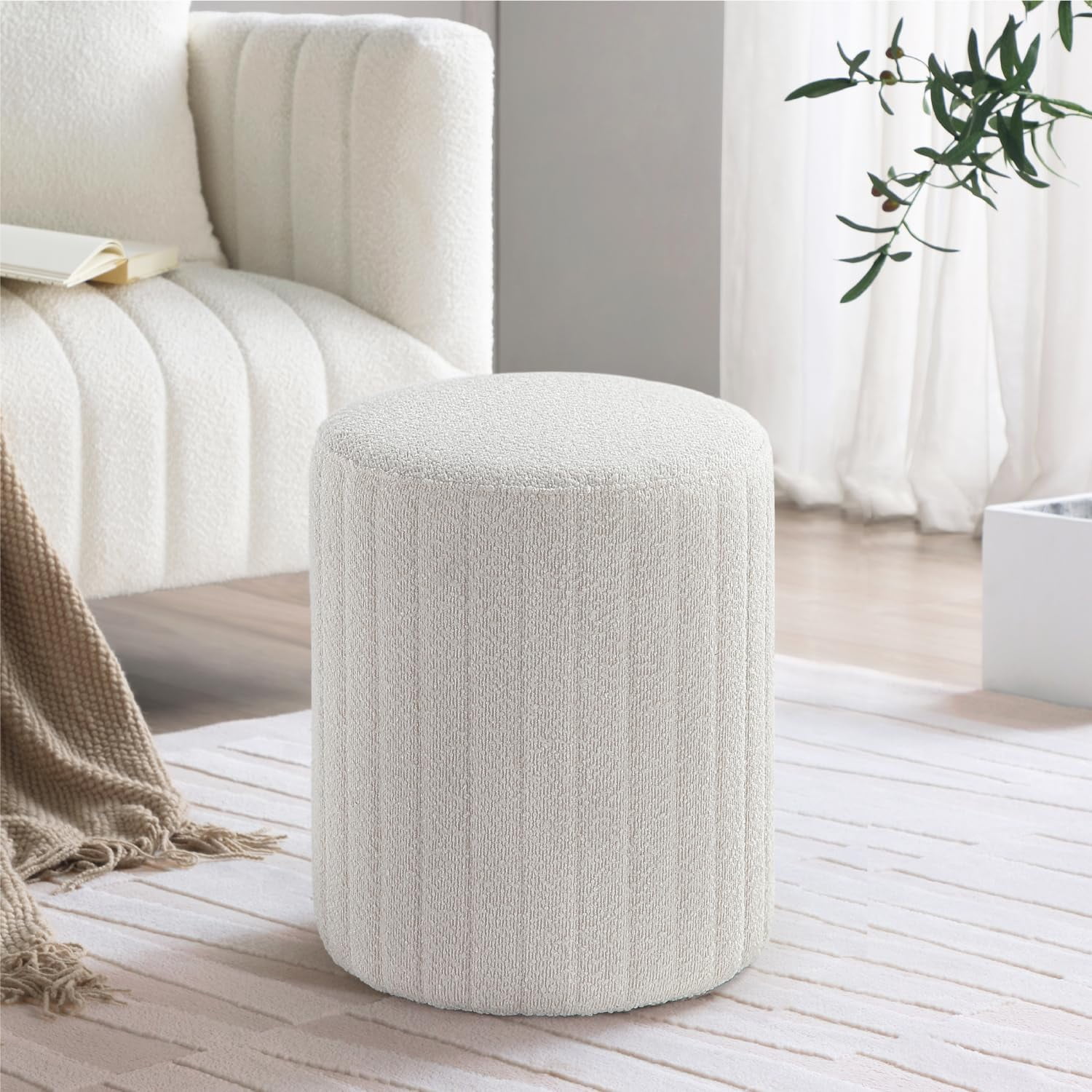 Modern Round Ottoman with Soft Padded Seat, Multifunctional Vanity ...