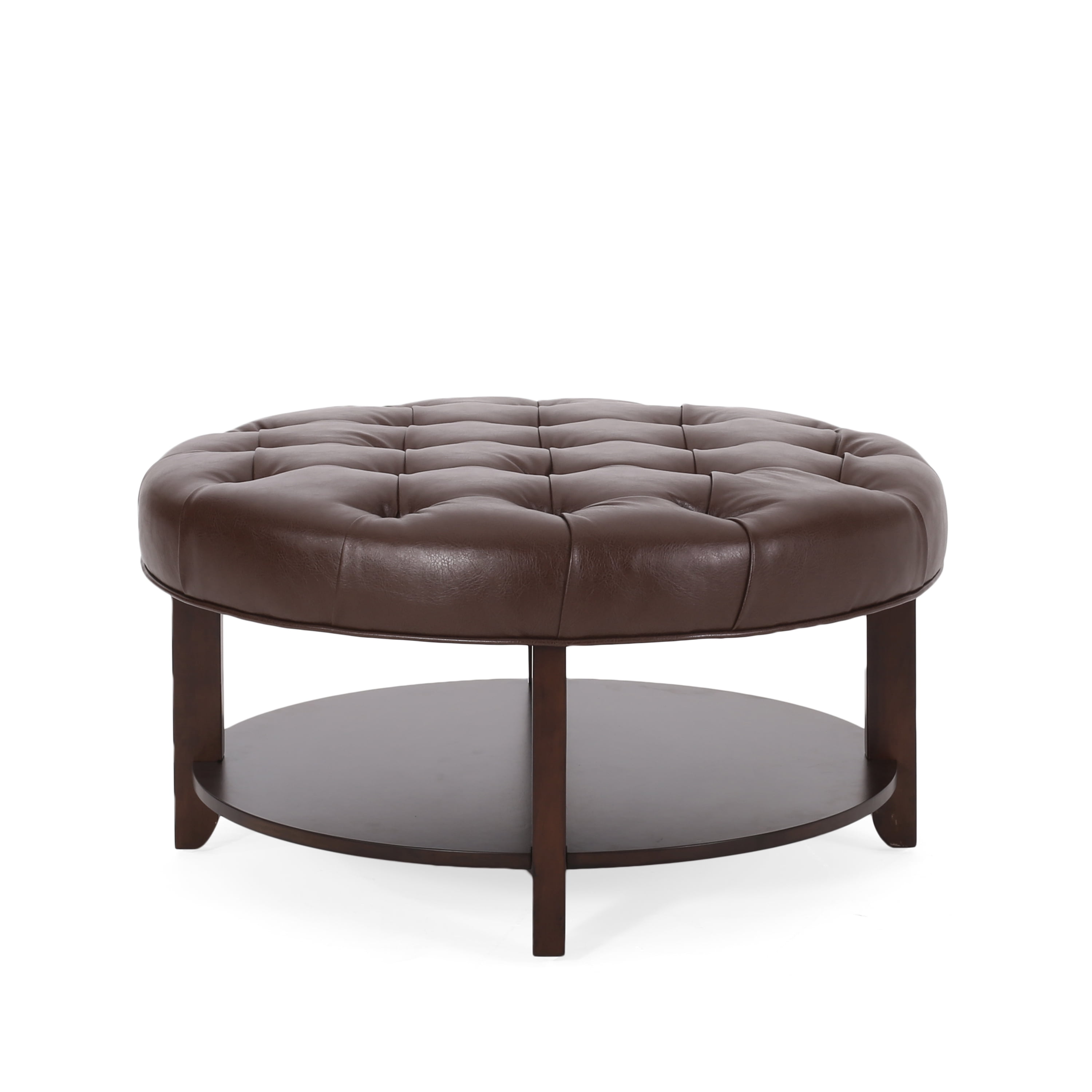 "Modern Round Ottoman with Faux Leather Tufting & Open Shelf – 32"W x ...