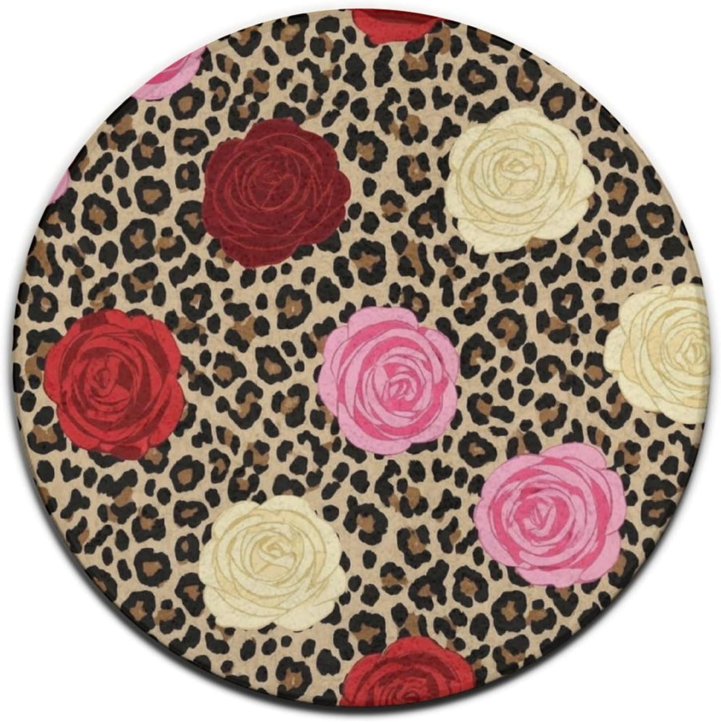 Modern Round Rug Animal Rose Flowers Cheetah Leopard Print Office ...