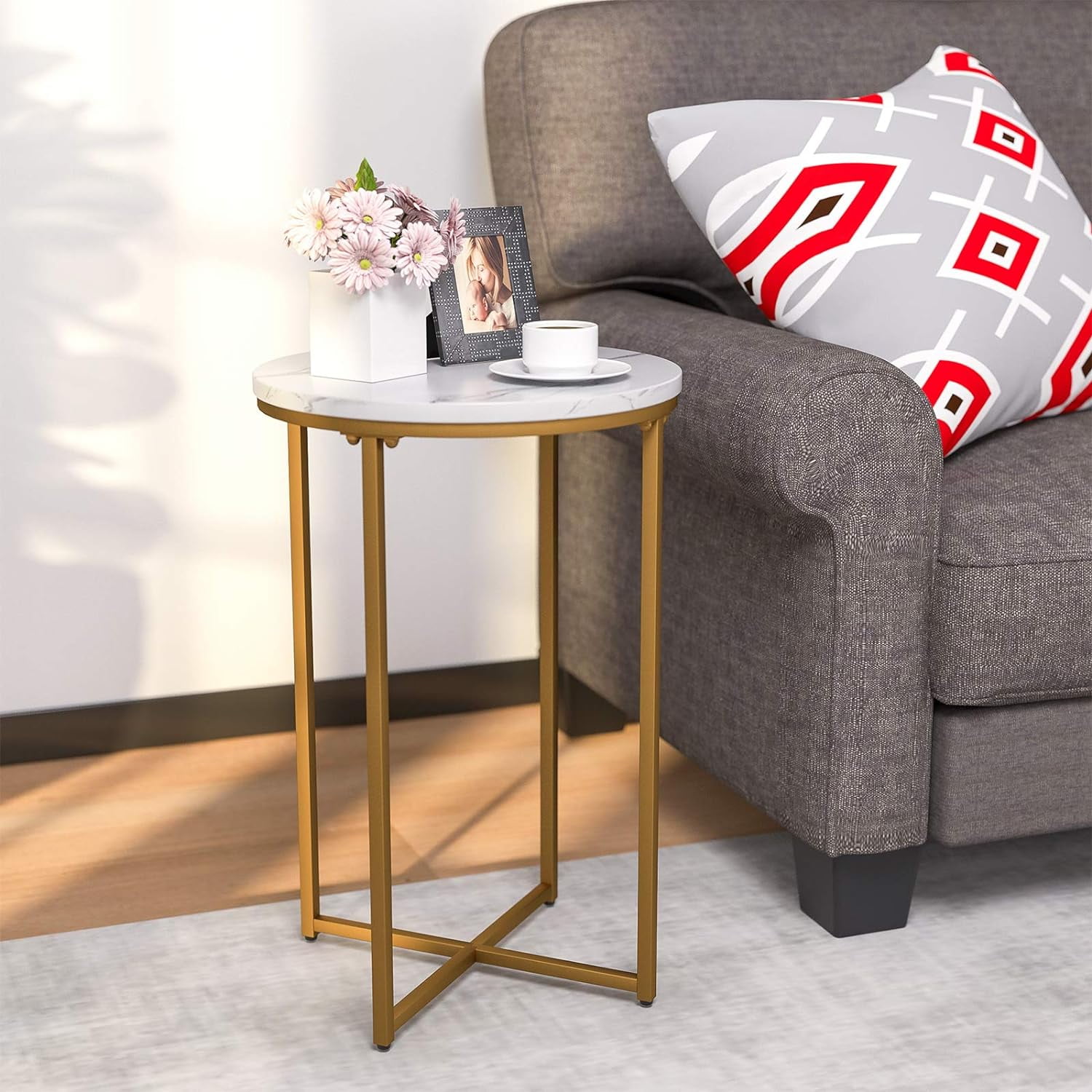 Modern Round Side End Accent Table with Faux Marble Table Top and Gold ...