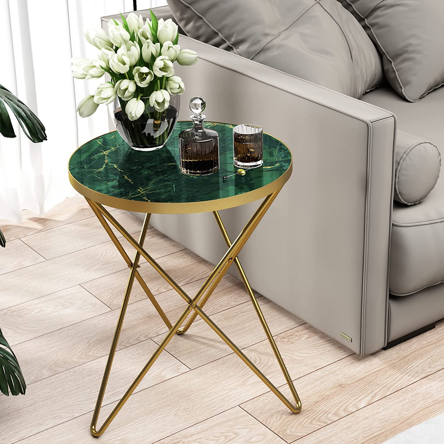 Modern Round Side Table, End Table with Marble Effect Top and Gold ...