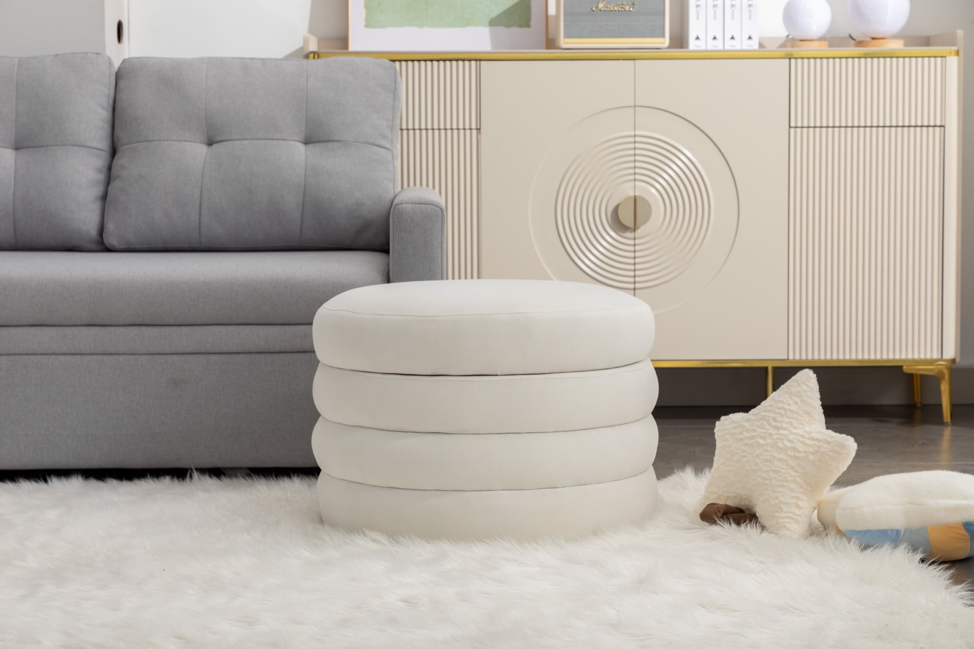 Modern Round Storage Ottoman with Reversible Cover Plate, Saving Space ...