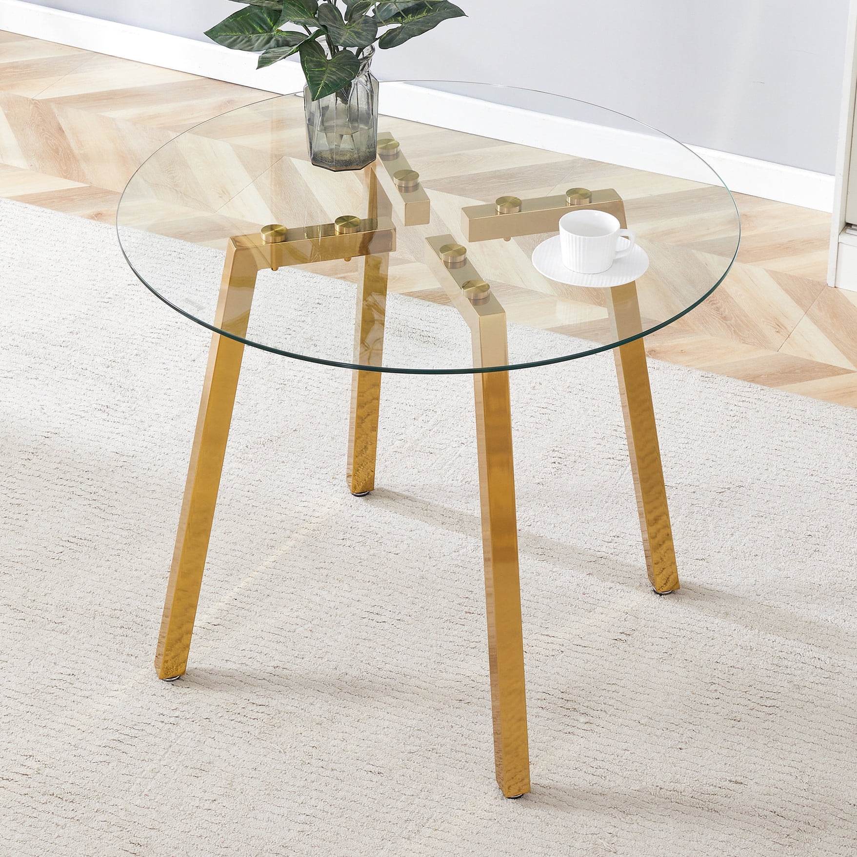 Modern Round Table / Transparent Glass Top, Gold Metal Support ...