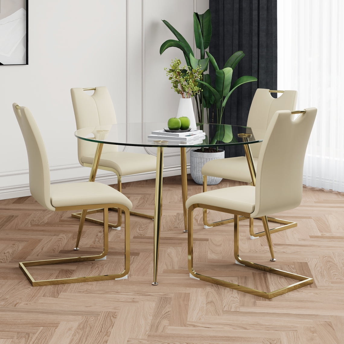 Modern Round Tempered Glass Dining Table Set with Gold-Plated Legs ...